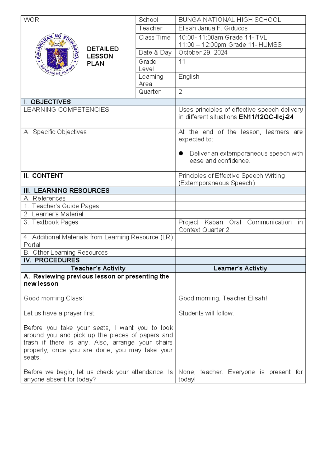 LP for OCT. 29 Monday Extempo Speech - WOR School BUNGA NATIONAL HIGH ...