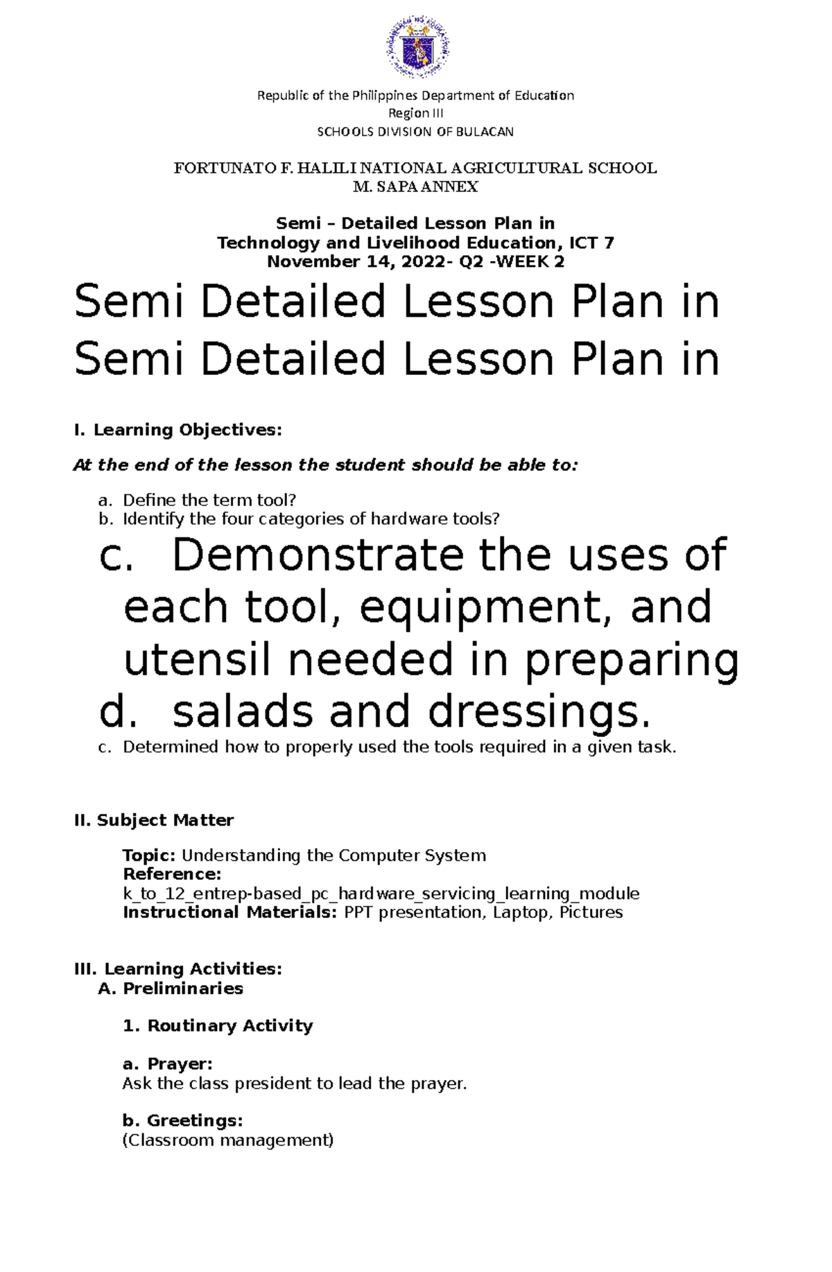 1.Semi-detailed-lesson-plan-in TLE 7 - Region III SCHOOLS DIVISION OF ...