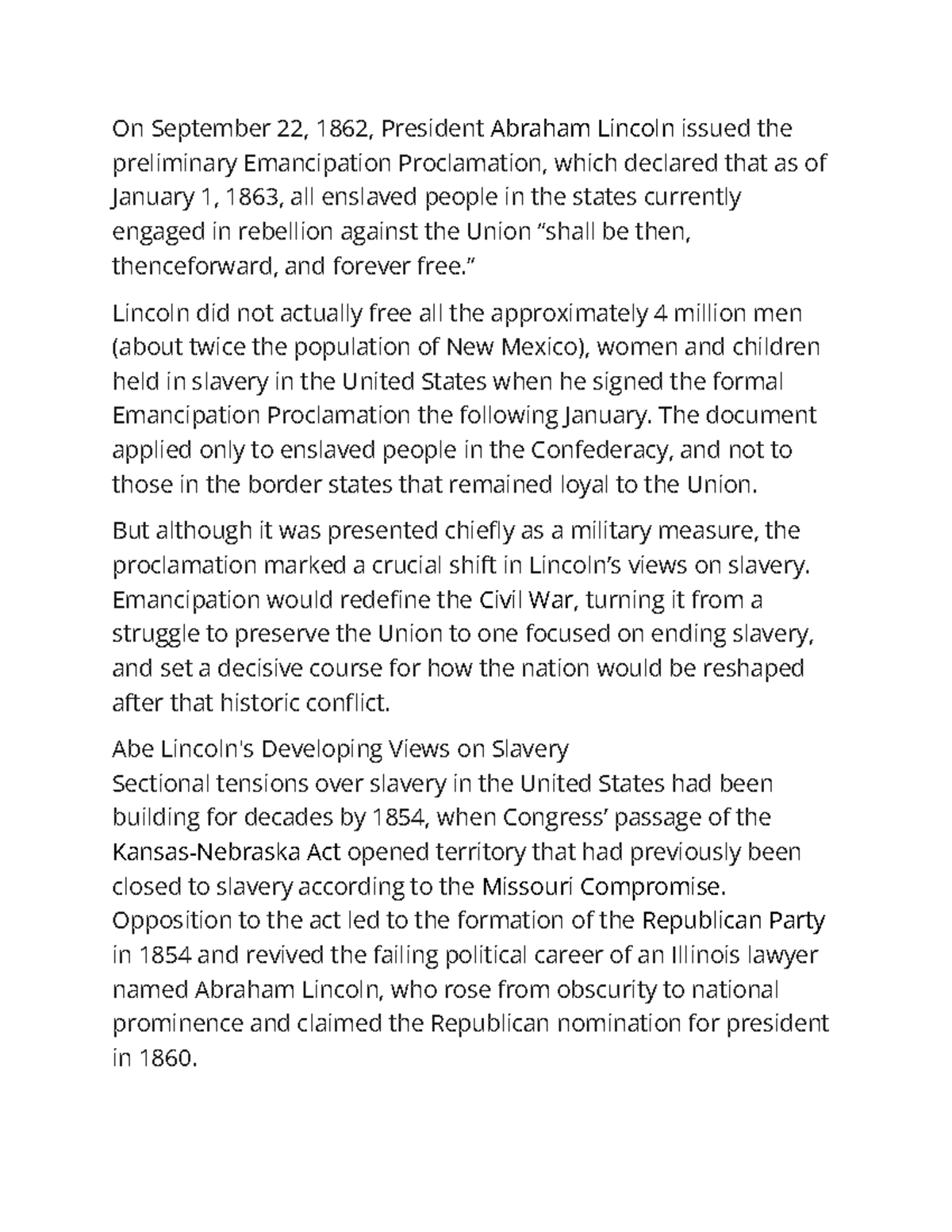 Emancipation Proclamation - ” Lincoln did not actually free all the ...
