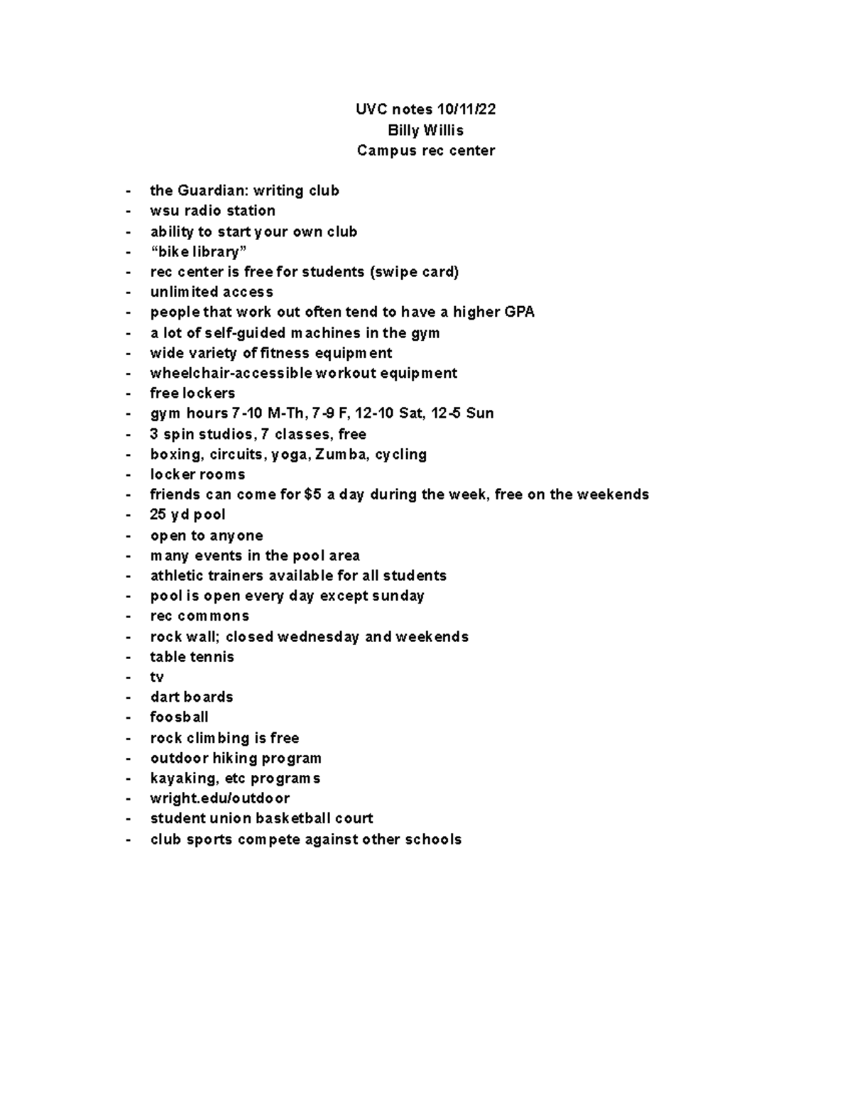 UVC notes 10 11 22 - UVC notes 10/11/ Billy Willis Campus rec center ...