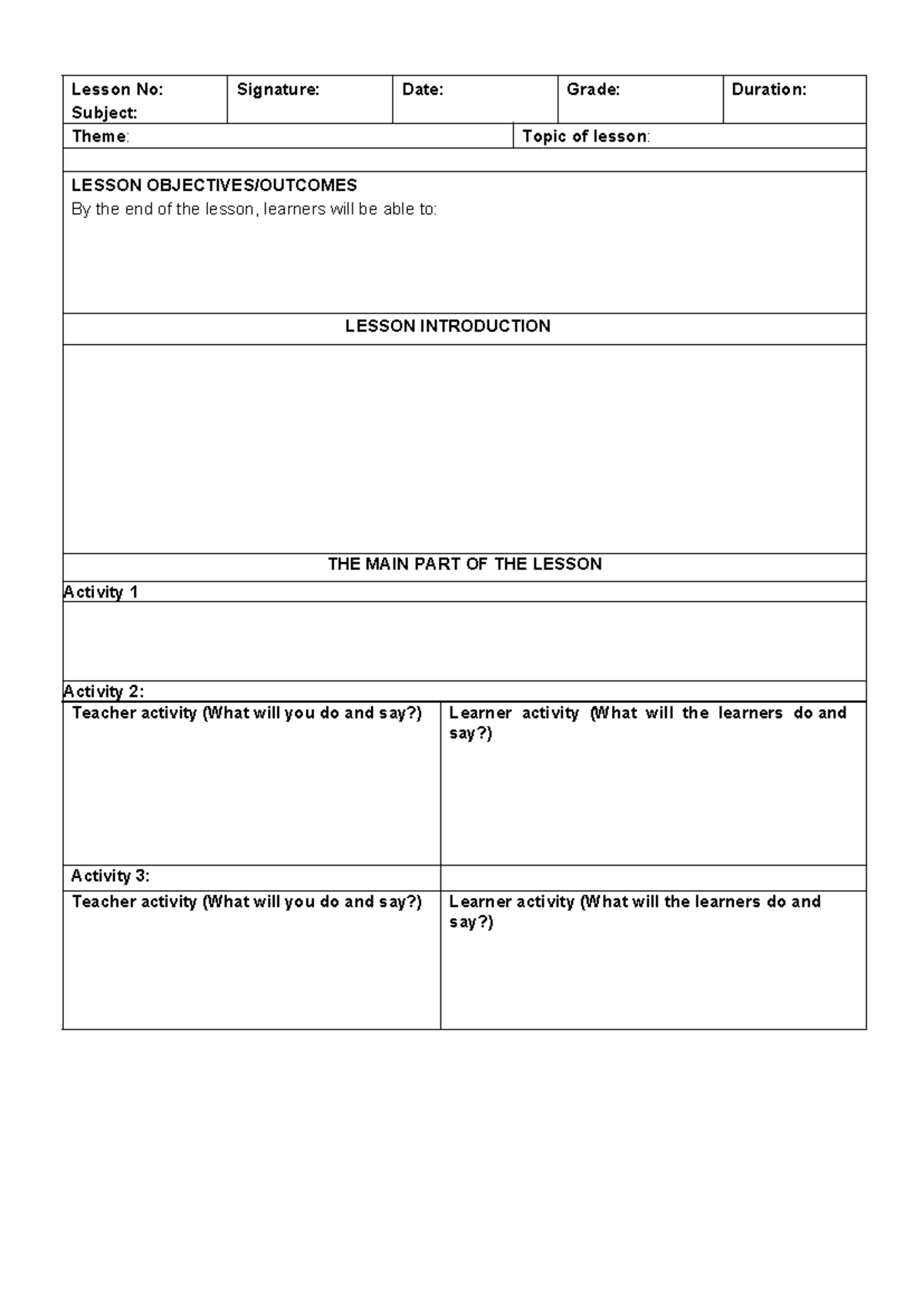 Grade 1 to 3 lesson template Final - Lesson No: Subject: Signature ...