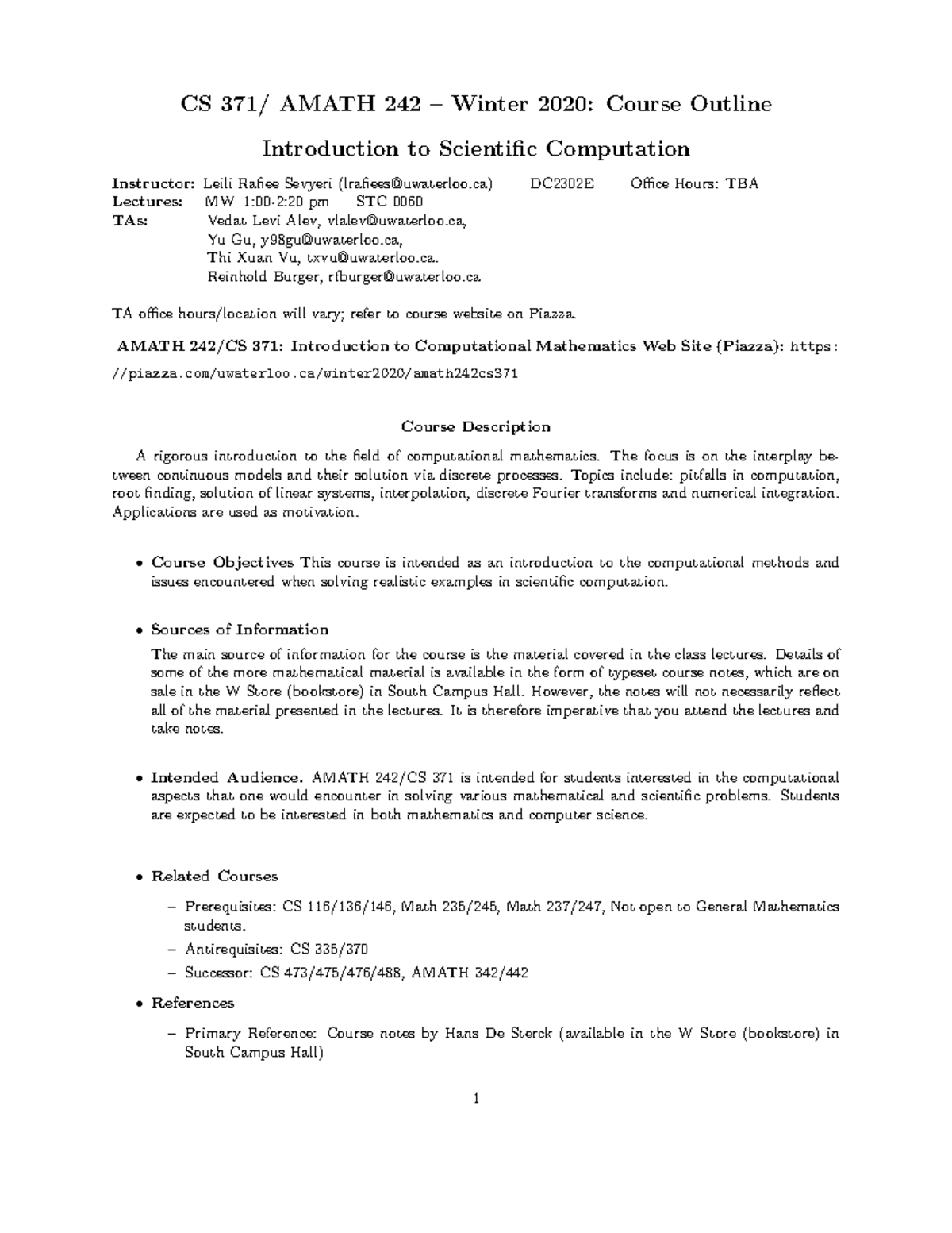 W20CS371 Amath 242Outline - CS 371/ AMATH 242 – Winter 2020: Course ...