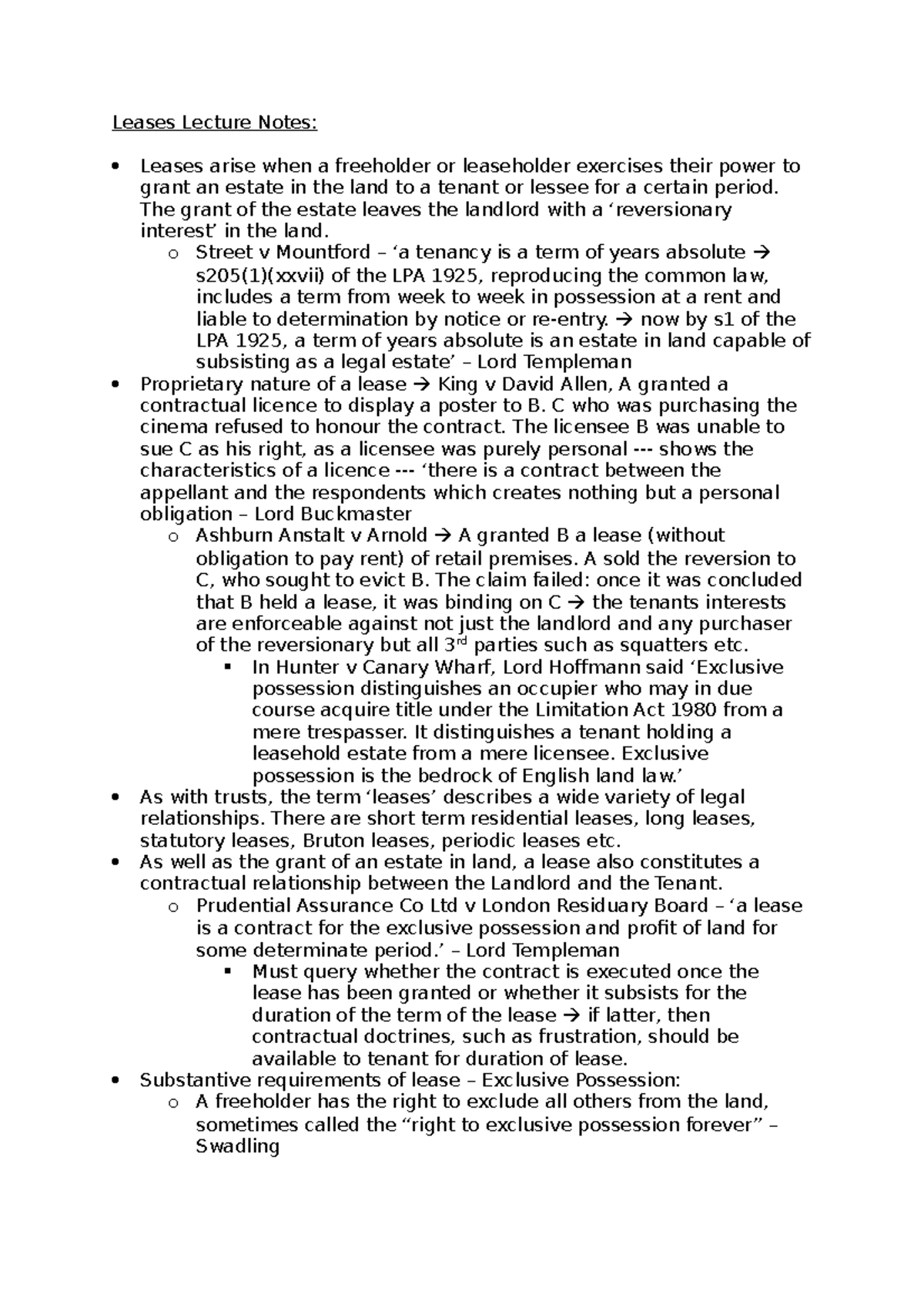 Leases Lecture Notes for all lectures - Leases Lecture Notes: Leases ...