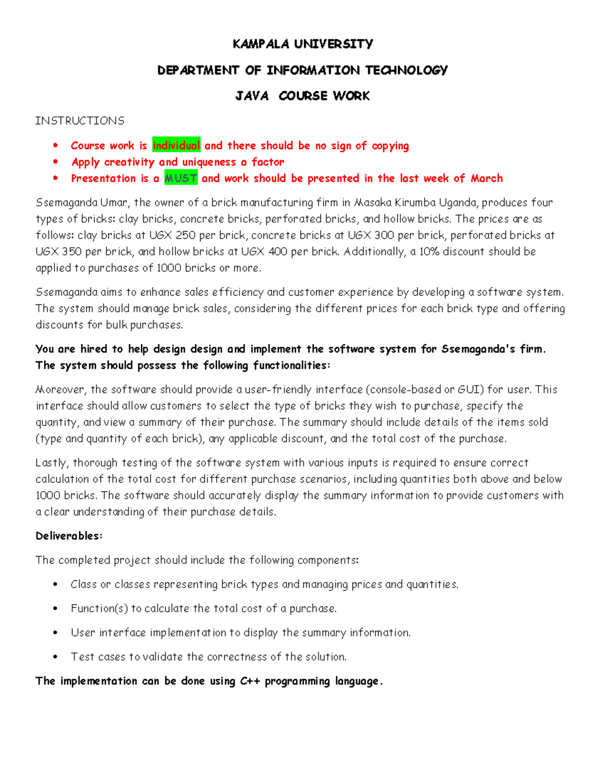 C++ coursework KU - note fo c - KAMPALA UNIVERSITY DEPARTMENT OF ...