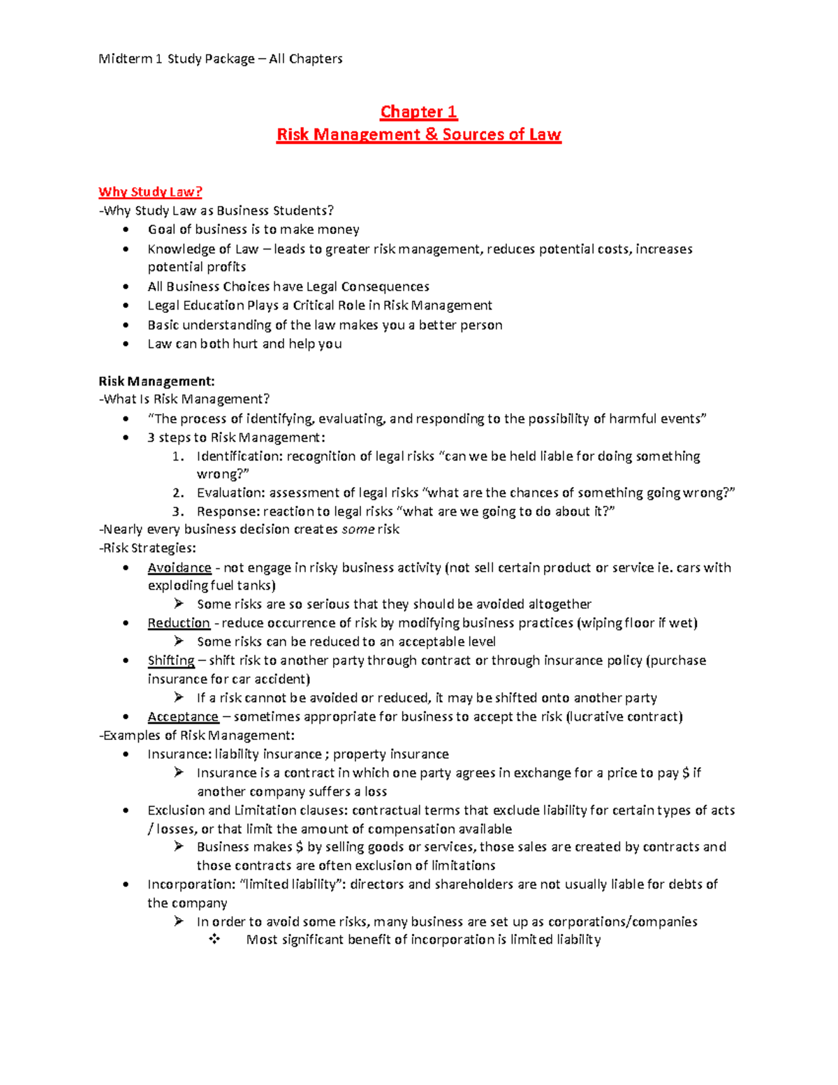 Law122 chapter 1 4 notes - Chapter 1 Risk Management & Sources of Law ...