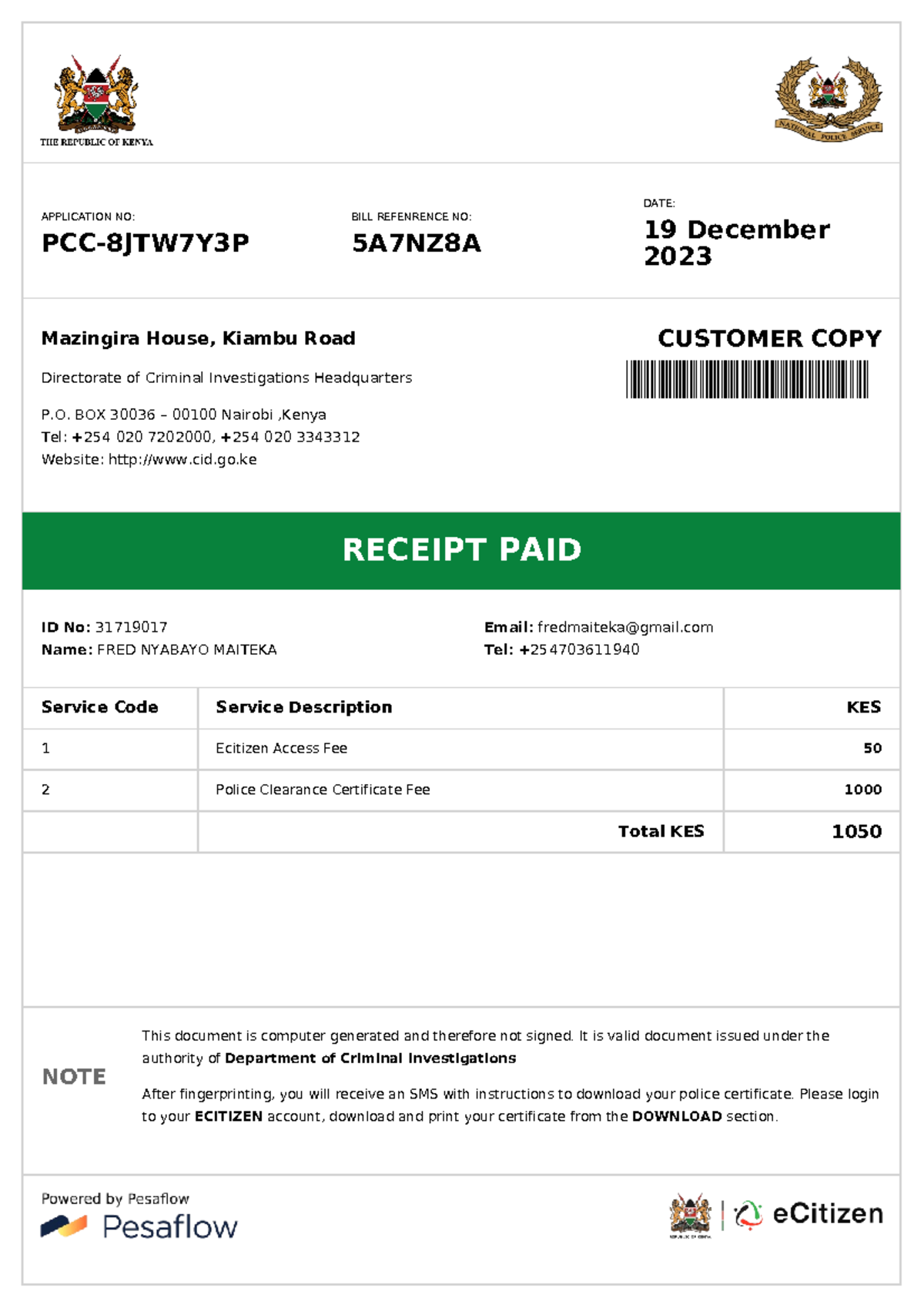 PCC-8JTW7Y3P-DCI Receipt - APPLICATION NO: PCC-8JTW7Y3P BILL REFENRENCE ...