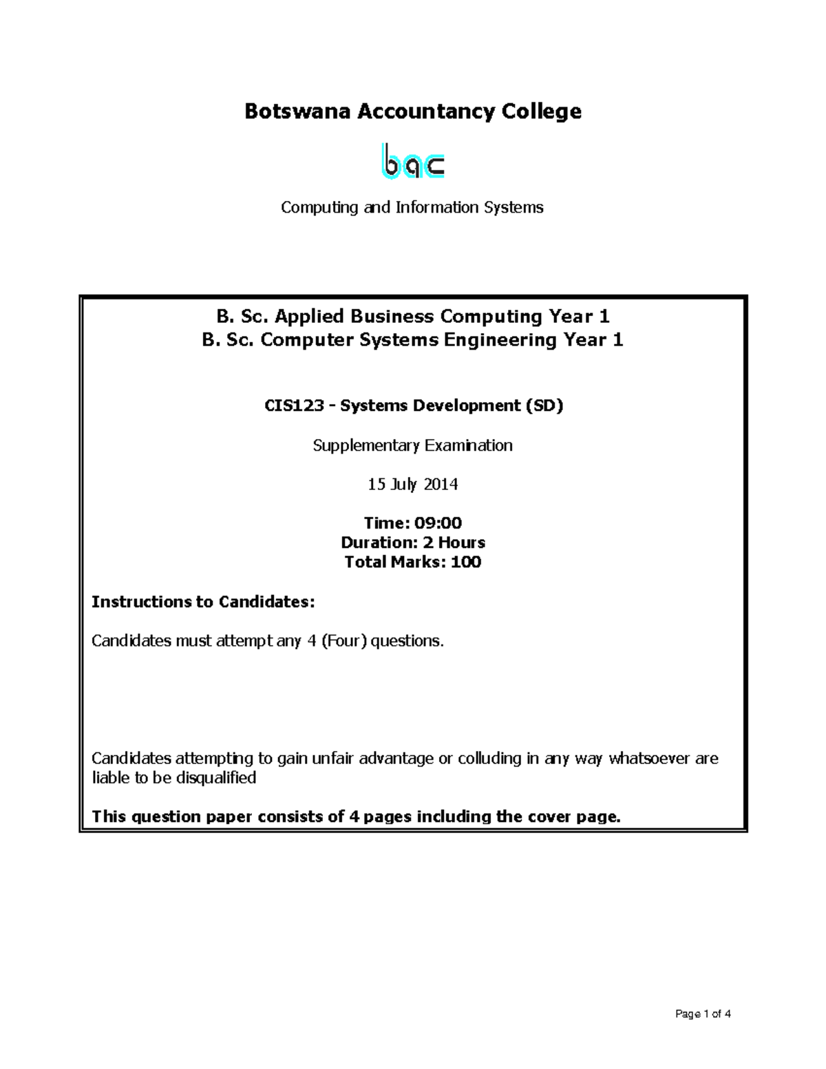 2014 March - SD Supplementary Exam - Year 1 (1)-1 - Botswana ...
