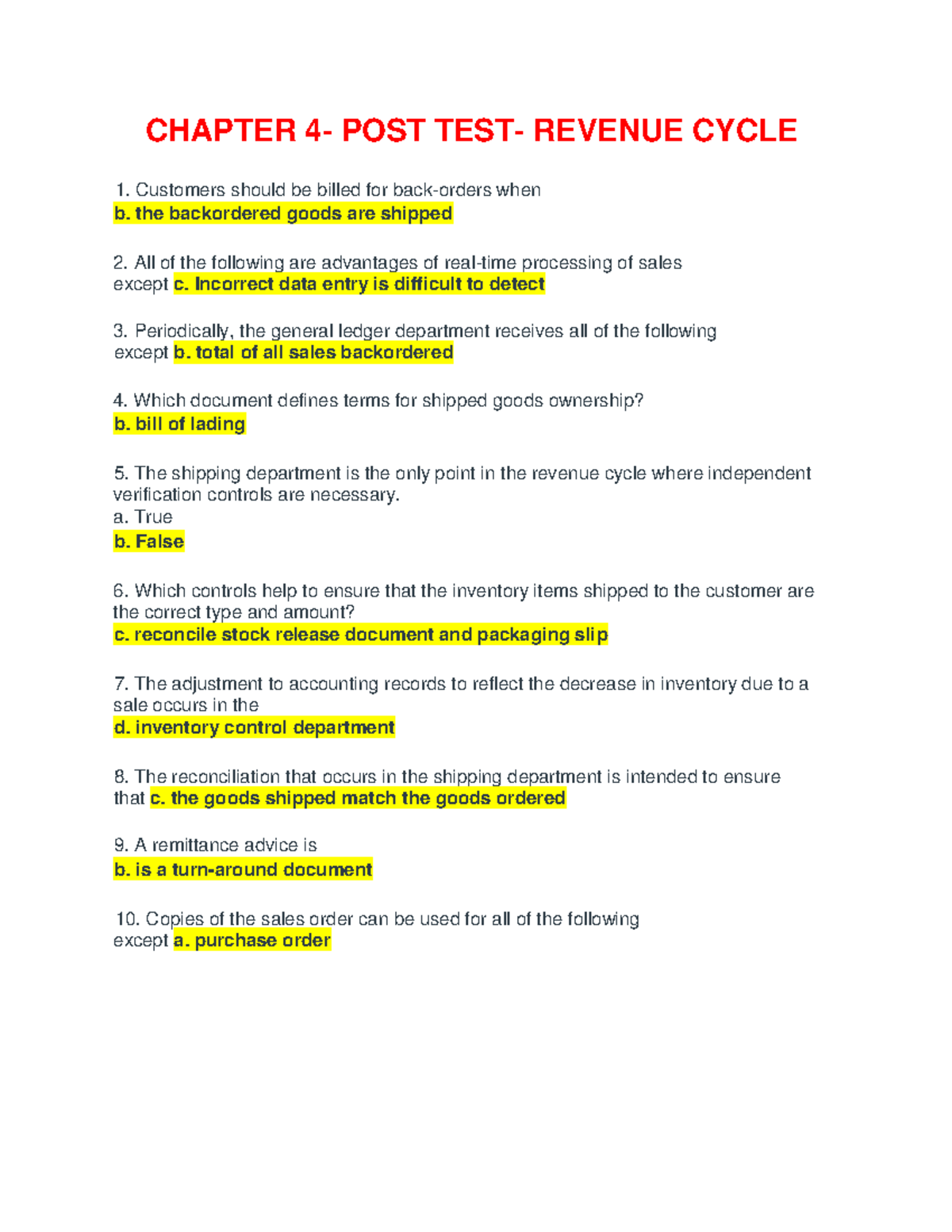 Chapter 4- REVENUE CYCLE - CHAPTER 4- POST TEST- REVENUE CYCLE ...