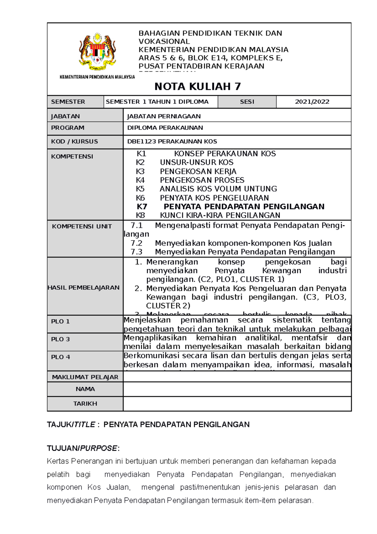 DBE1123 NOTA Kuliah 7 - DBE - NOTA KULIAH 7 SEMESTER SEMESTER 1 TAHUN 1 ...