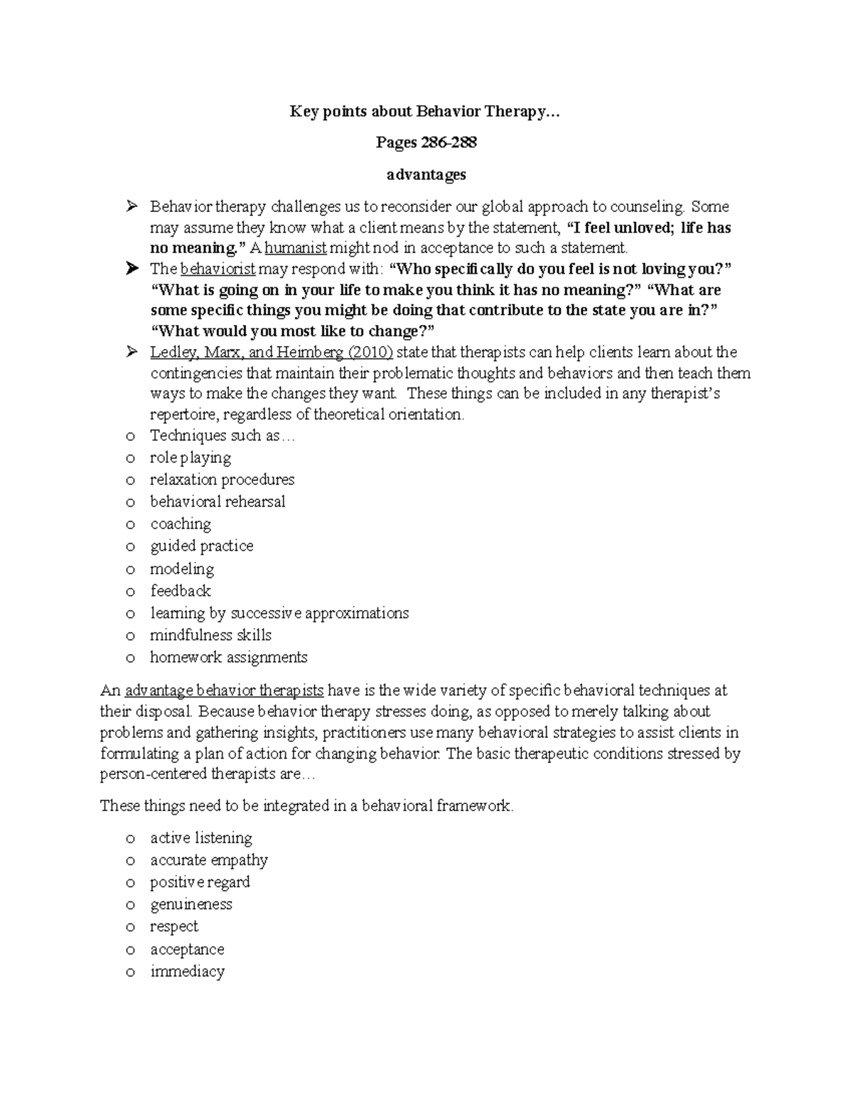 Notes on CH 9-10 therapies - Key points about Behavior Therapy... Pages ...