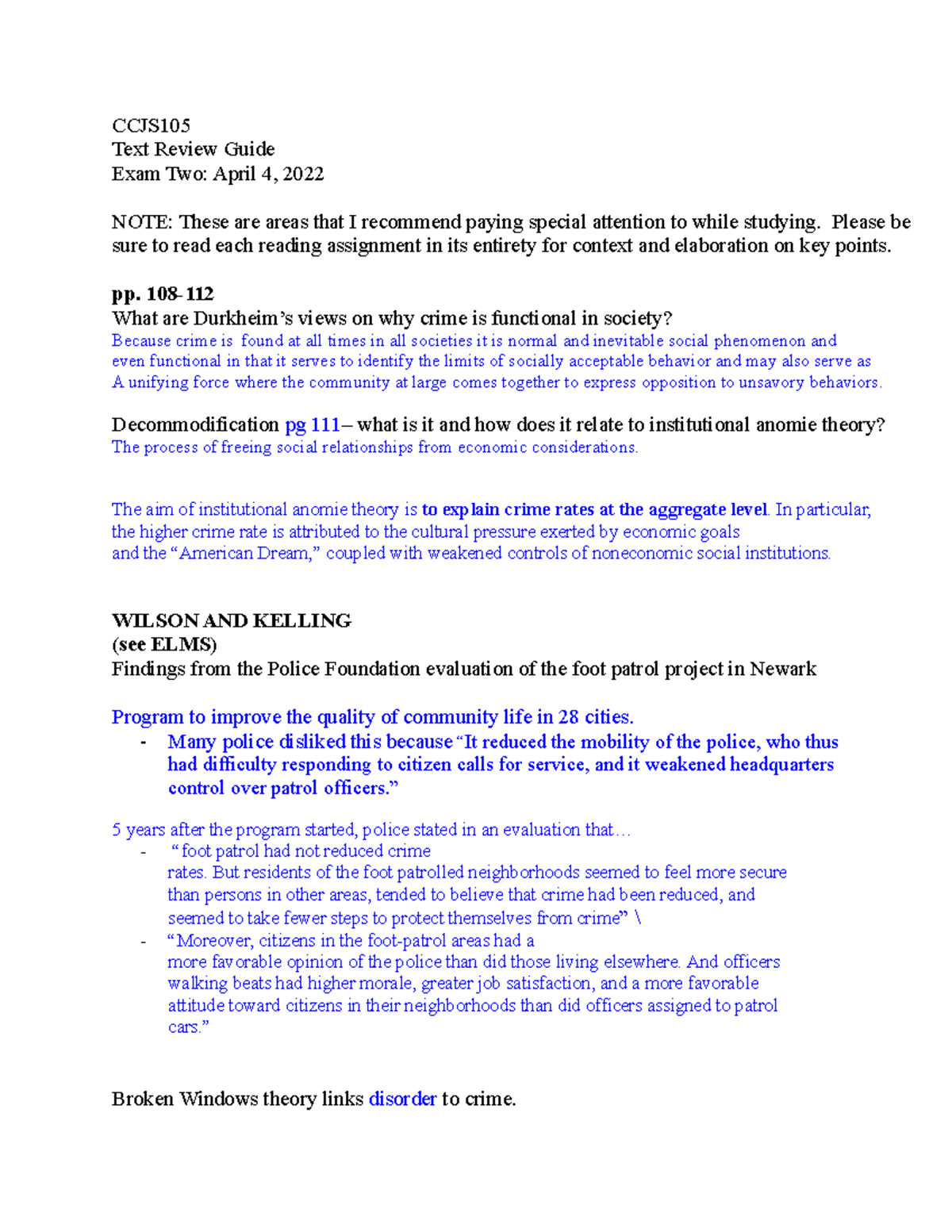Test 2 text review guide - CCJS Text Review Guide Exam Two: April 4 ...