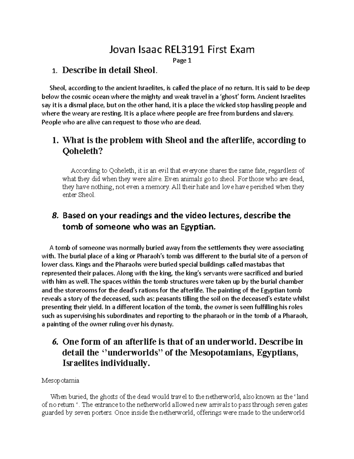 REL3191 First Exam - Jovan Isaac REL3191 First Exam Page 1 1. Describe ...