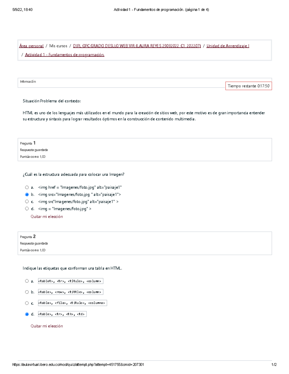 Examen 1 Parte 0 Unidad 1 - 5/9/22, 18:40 Actividad 1 - Fundamentos de ...