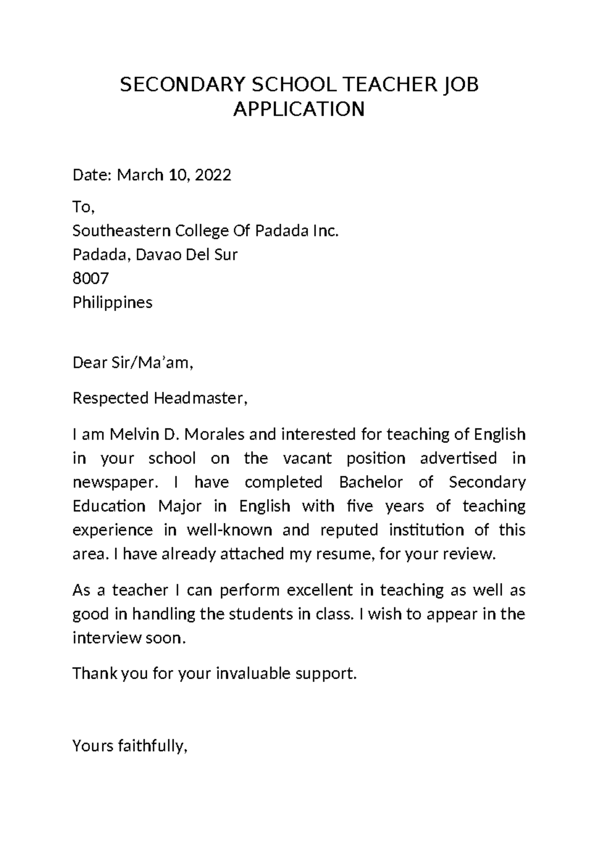 Secondary School Teacher JOB Application - SECONDARY SCHOOL TEACHER JOB ...