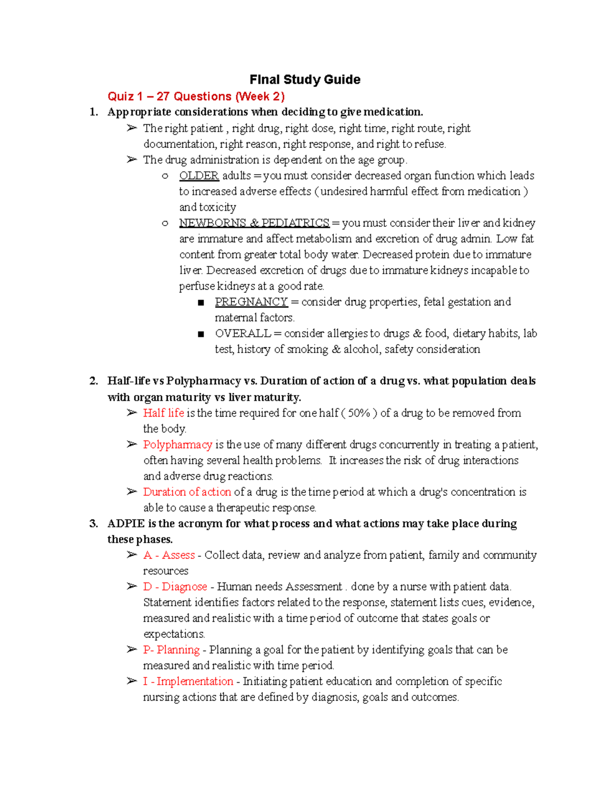 Final Study Gui - FInal Study Guide Quiz 1 – 27 Questions (Week 2 ...