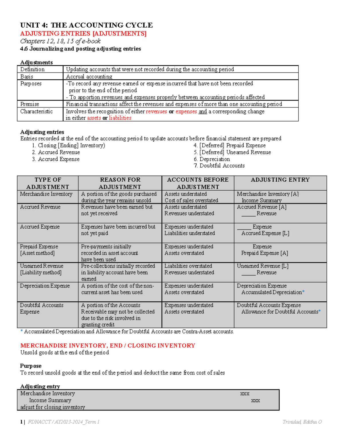 F Dnacct Unit 4 Part 4 - Adjusting entries Study Guide - UNIT 4: THE ...