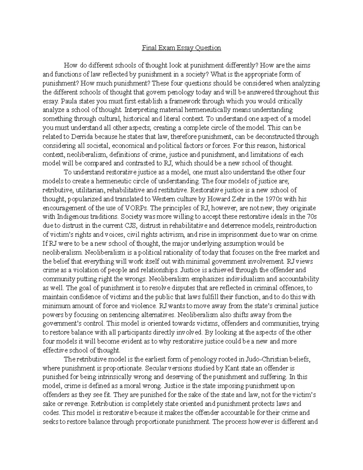 Exam question - Final Exam Essay Question ! How do different schools of ...