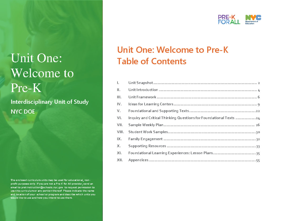 Unit 1 welcome to pre k - 123 - Unit One: Welcome to Pre-K Table of ...