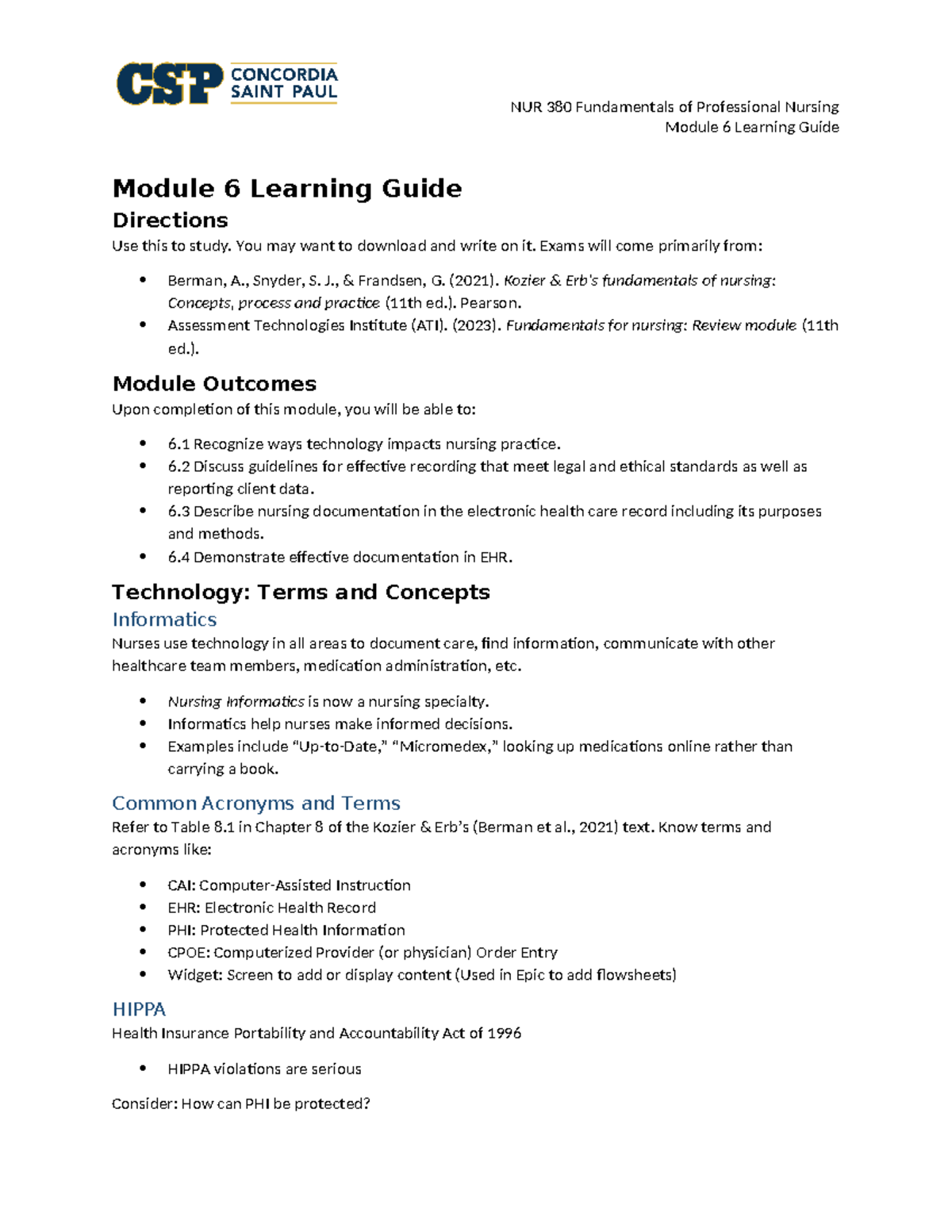 NUR380 Module 6 Learning Guide - Module 6 Learning Guide Module 6 Learning Guide Directions Use ...