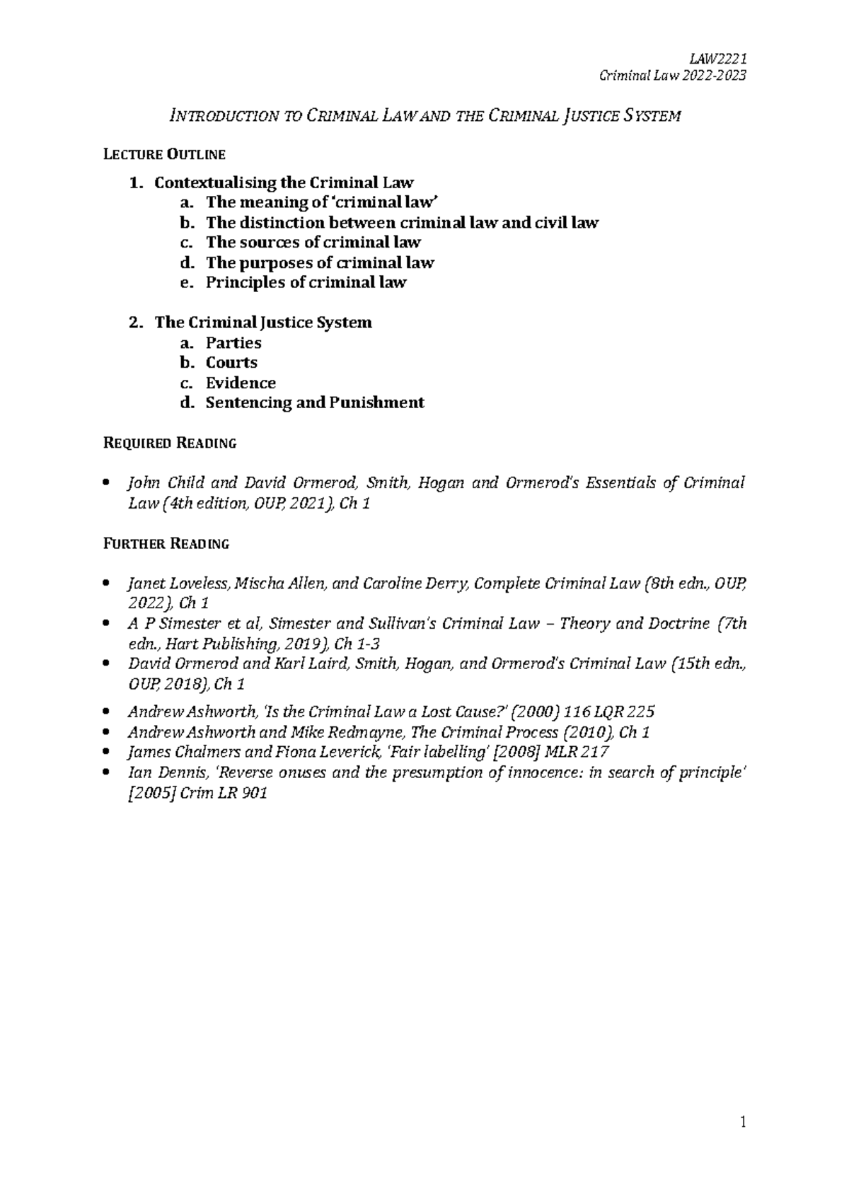 Lecture Notes Introduction to Criminal Law and Key Concepts - Criminal ...