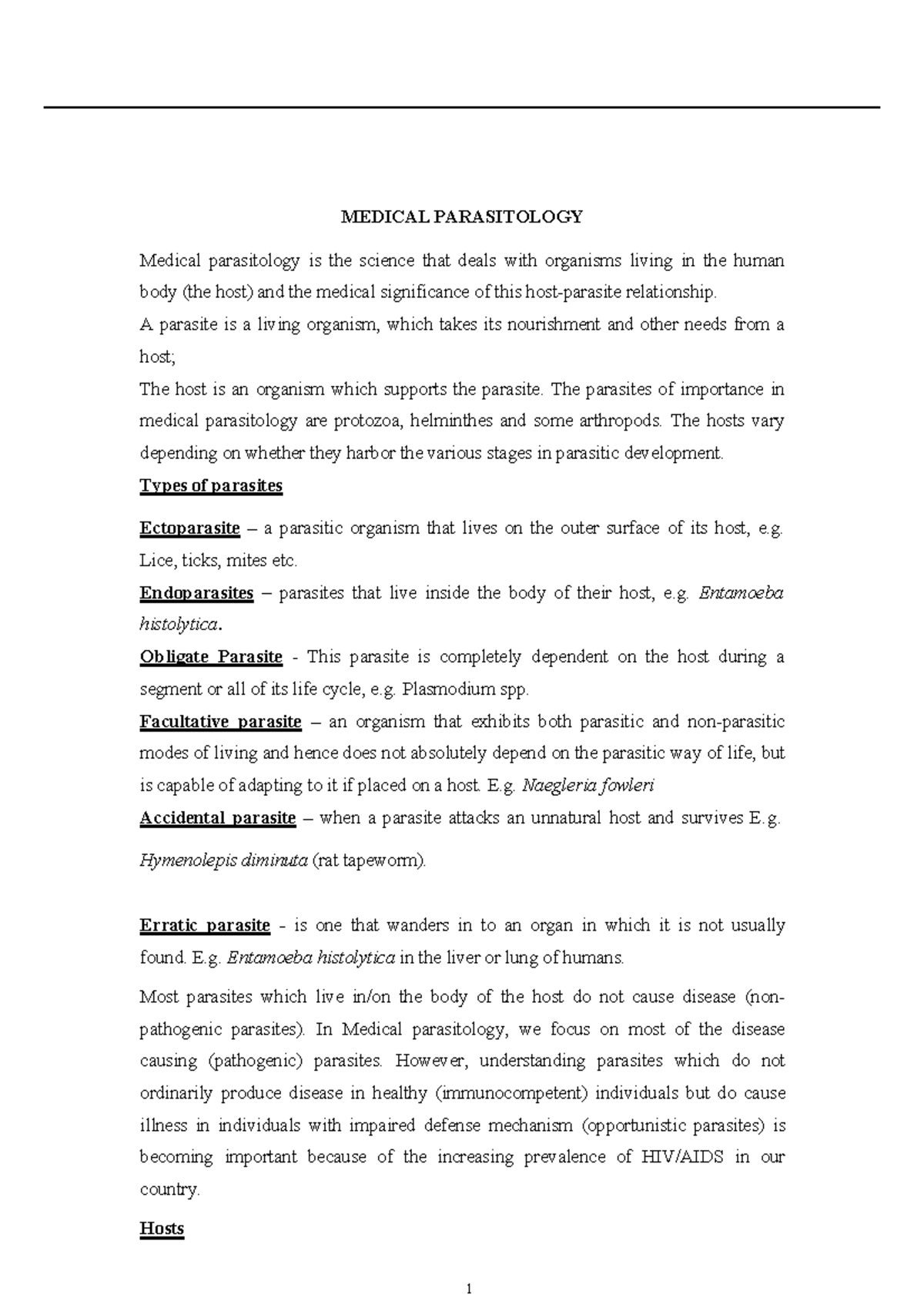 Medical Parasitology Lecture 1 - MEDICAL PARASITOLOGY Medical ...