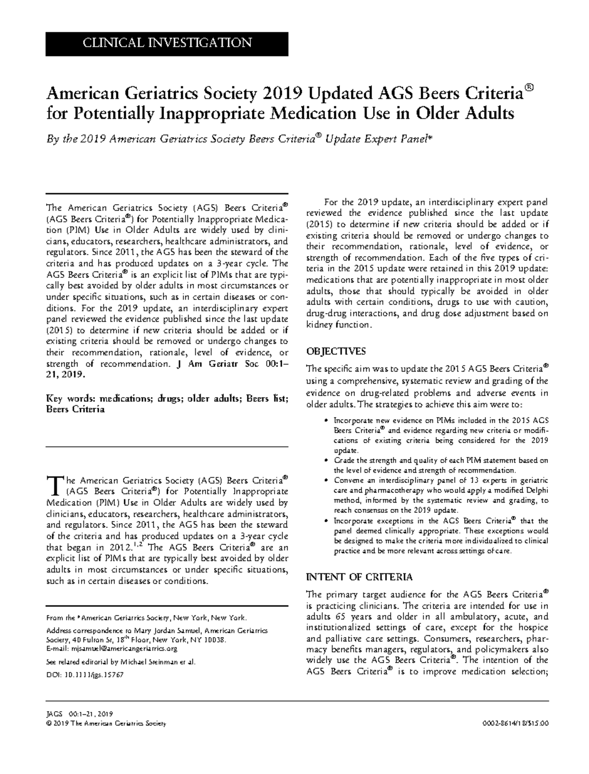 Beers Criteria 2019 AGS - CLINICAL INVESTIGATION American Geriatrics Society 2019 Updated AGS ...