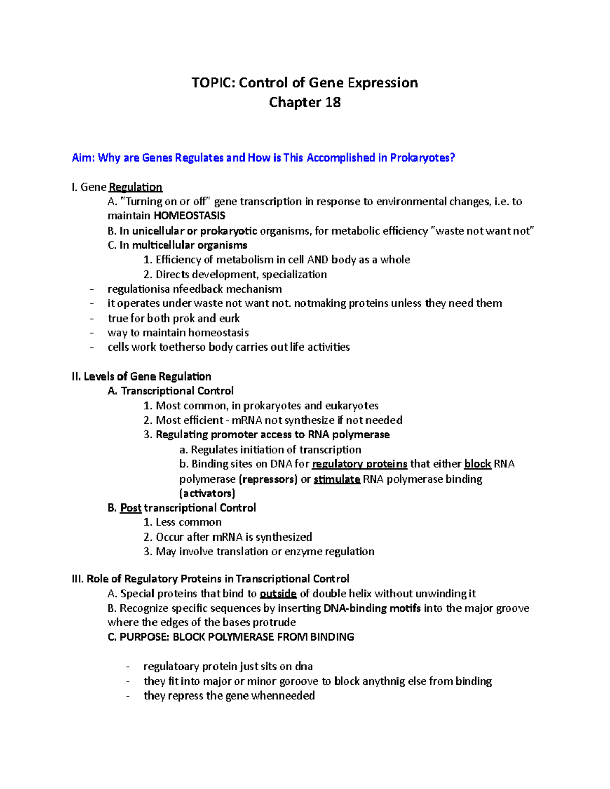 Control of Gene Expression Notes - TOPIC: Control of Gene Expression ...