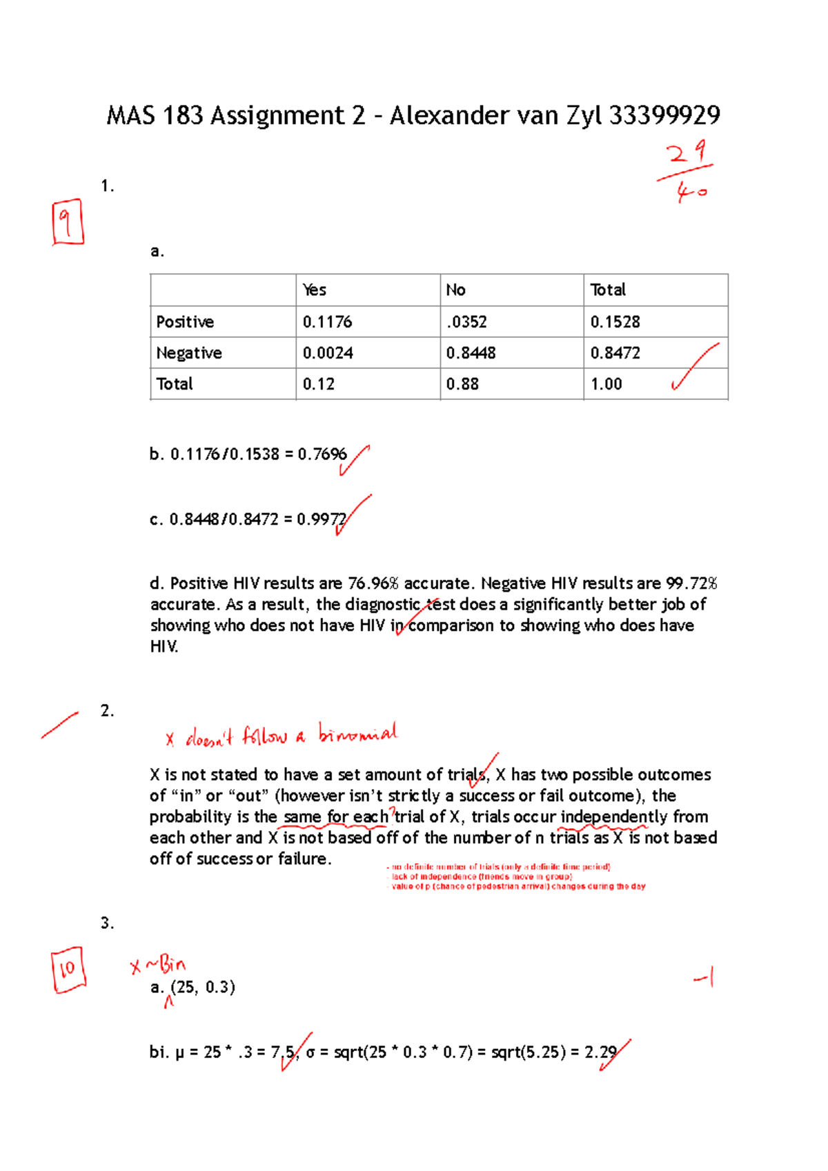 MAS 183 Assignment 2 - MAS 183 Assignment 2 – Alexander van Zyl 33399929 1. a. Yes No Total ...