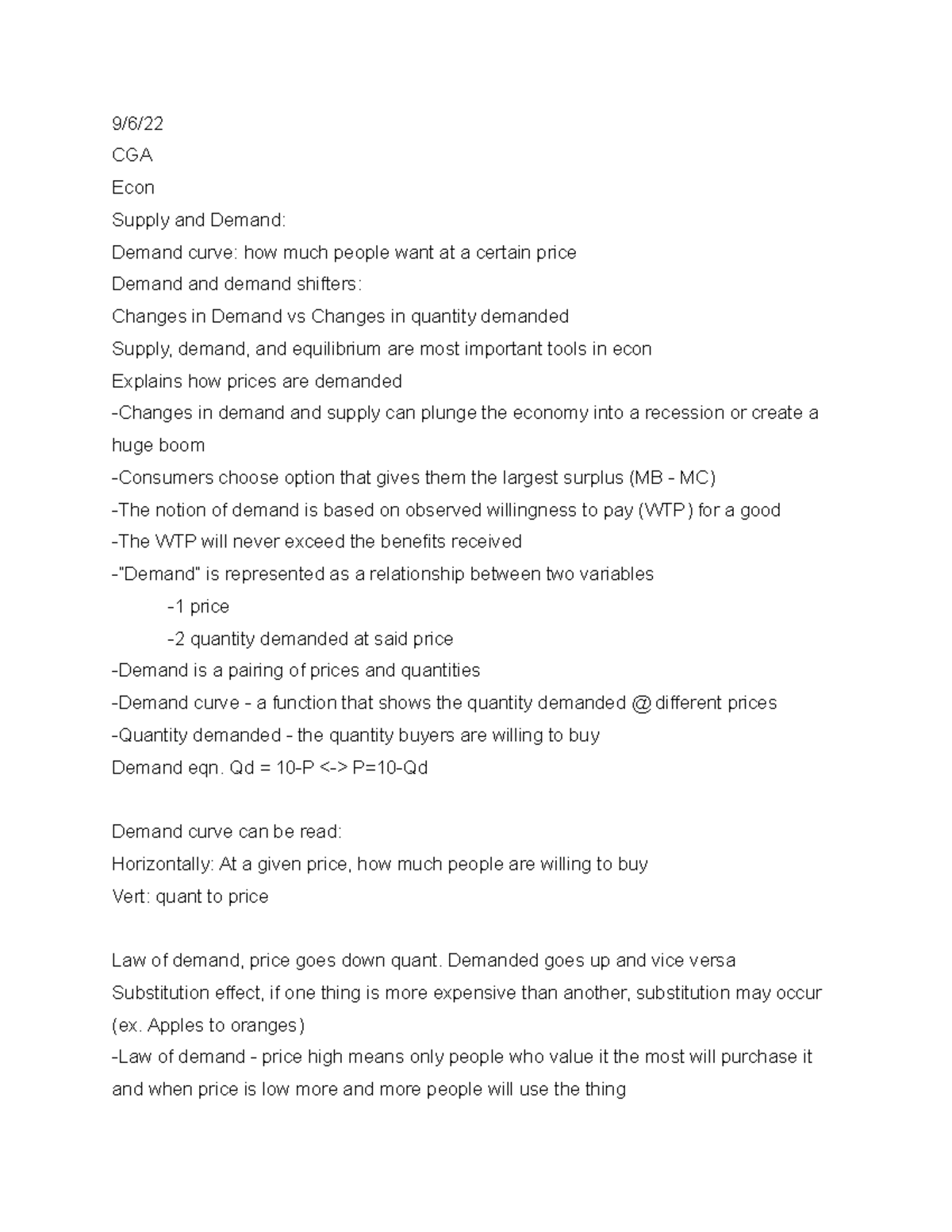 Econ Notes intro - 9/6/ CGA Econ Supply and Demand: Demand curve: how ...
