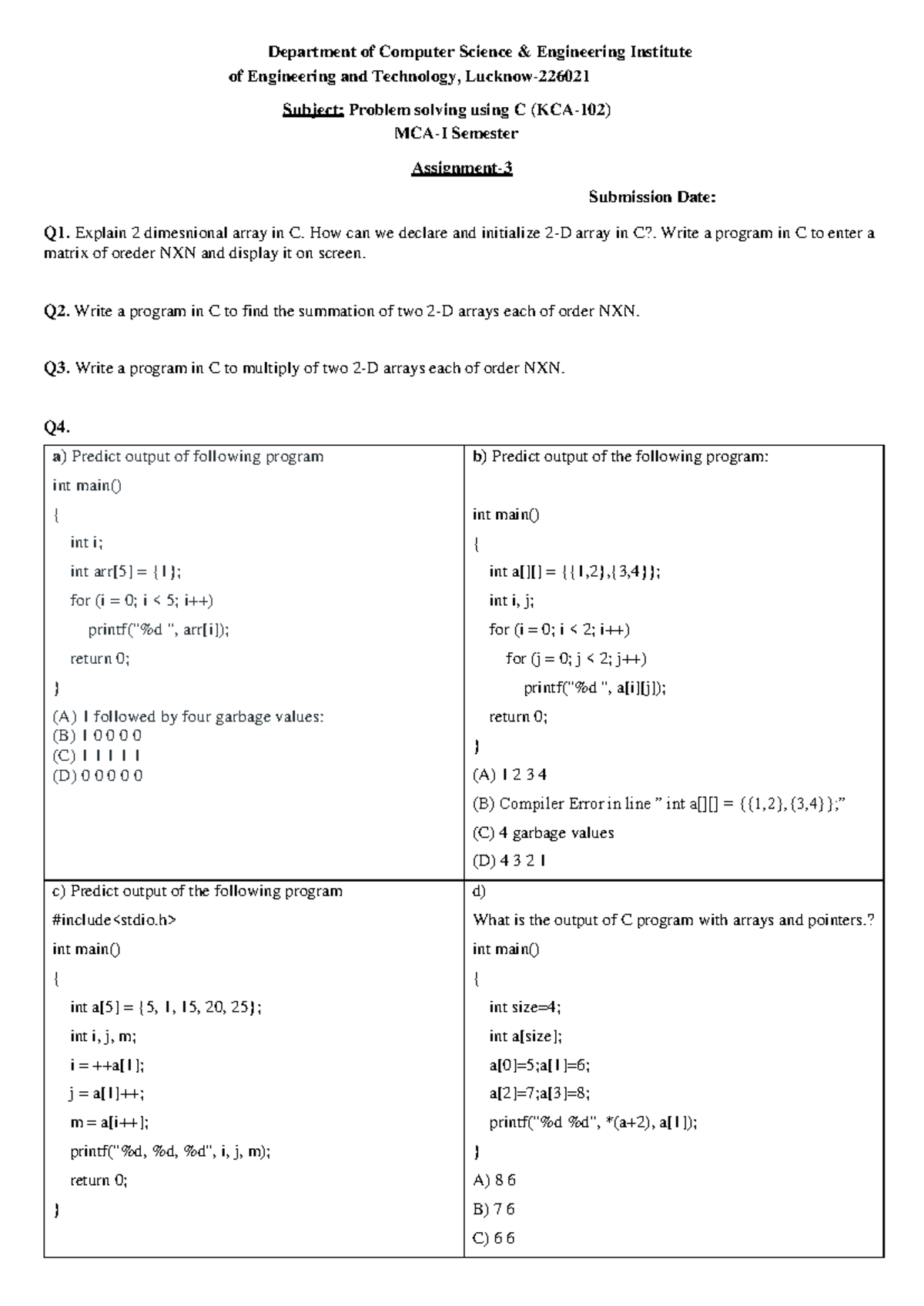 C Language Assignment 3 Department Of Computer Science And Engineering Institute Of Engineering