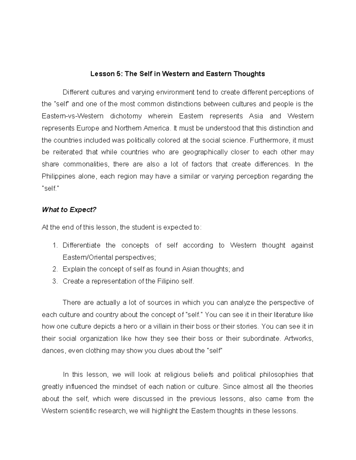 5 UTS- understanding the situation - Lesson 5: The Self in Western and ...