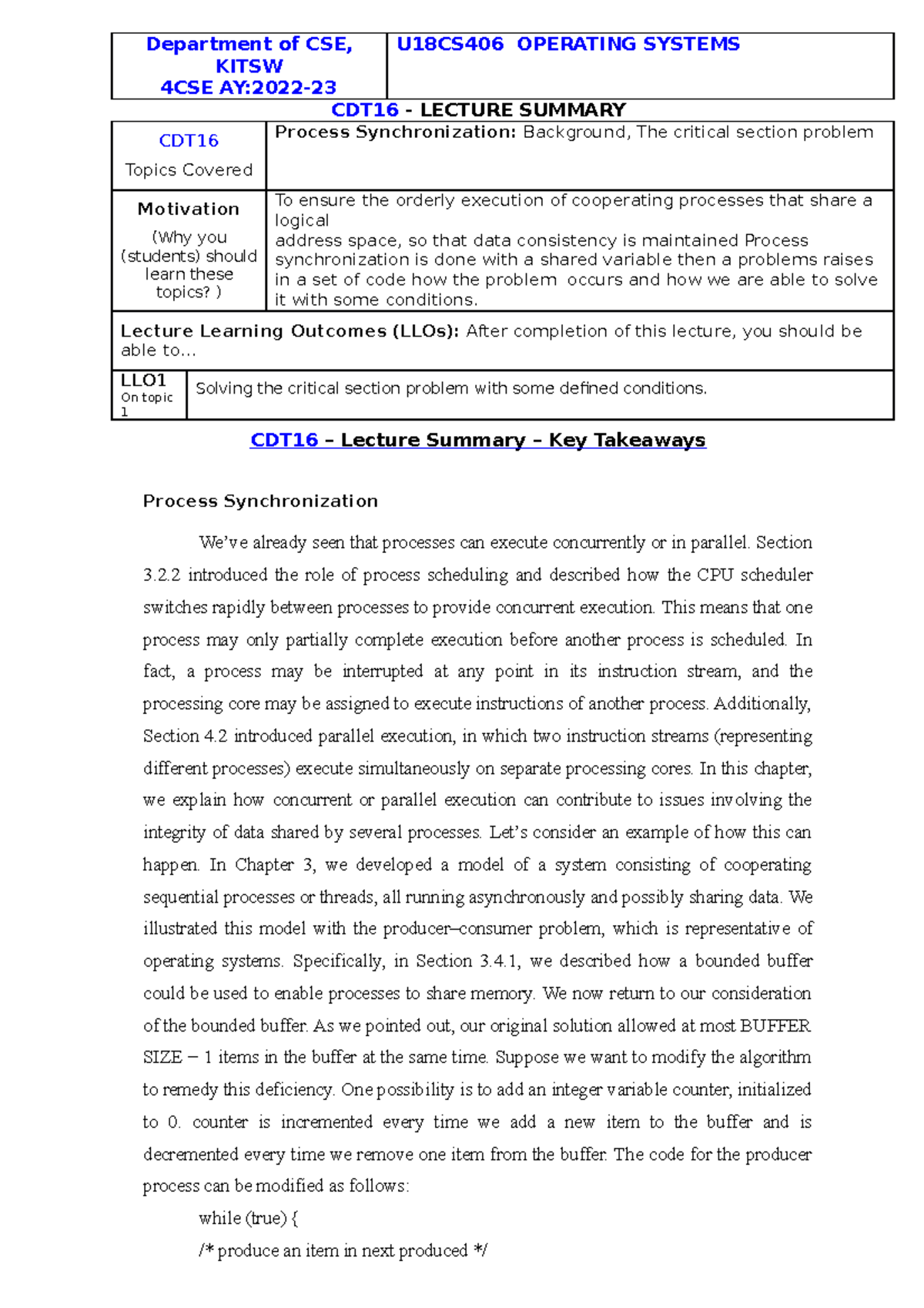 OS-CDT16 - Important notes - KITSW 4CSE AY:2022- CDT16 - LECTURE ...