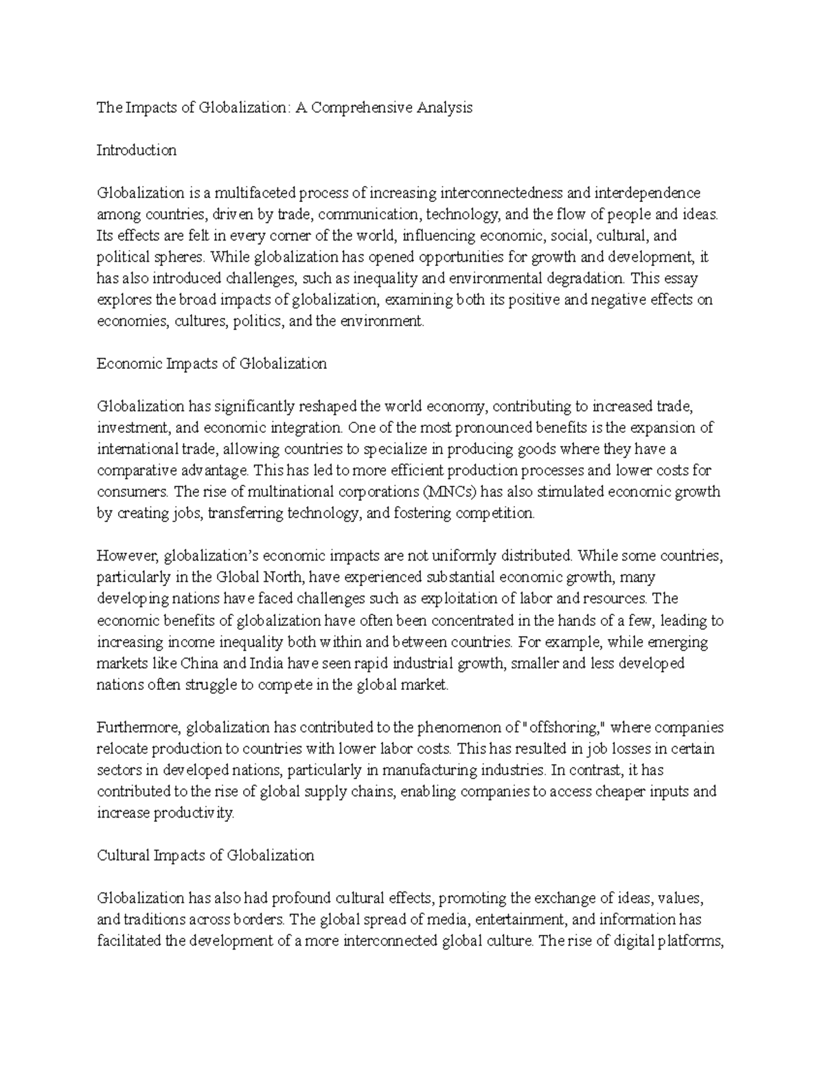 Economics Essay, Globalization - The Impacts of Globalization: A ...