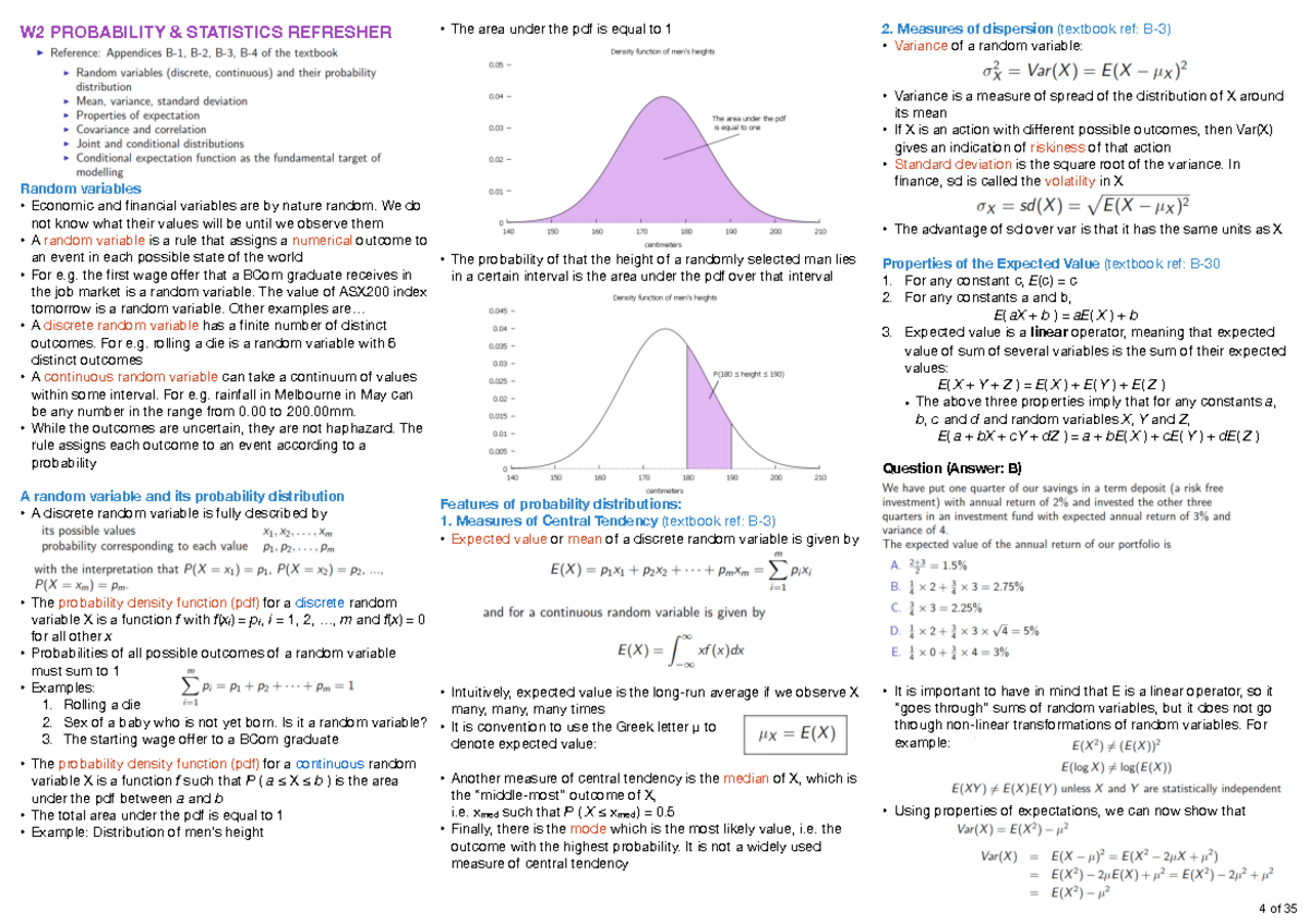 Notes - N/A - W2 PROBABILITY & STATISTICS REFRESHER Random variables ...