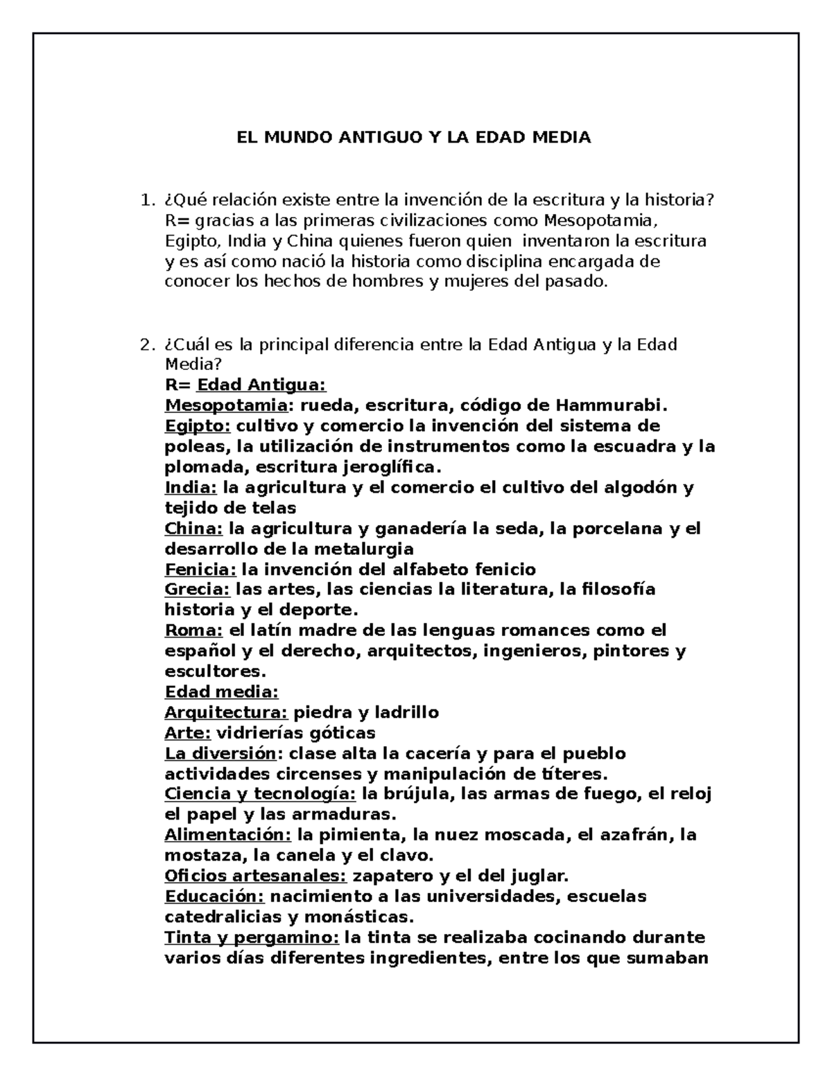 1D Historia - CUESTIONARIO DE EL MUNDO ANTIGUO Y LA EDAD MEDIA - EL ...