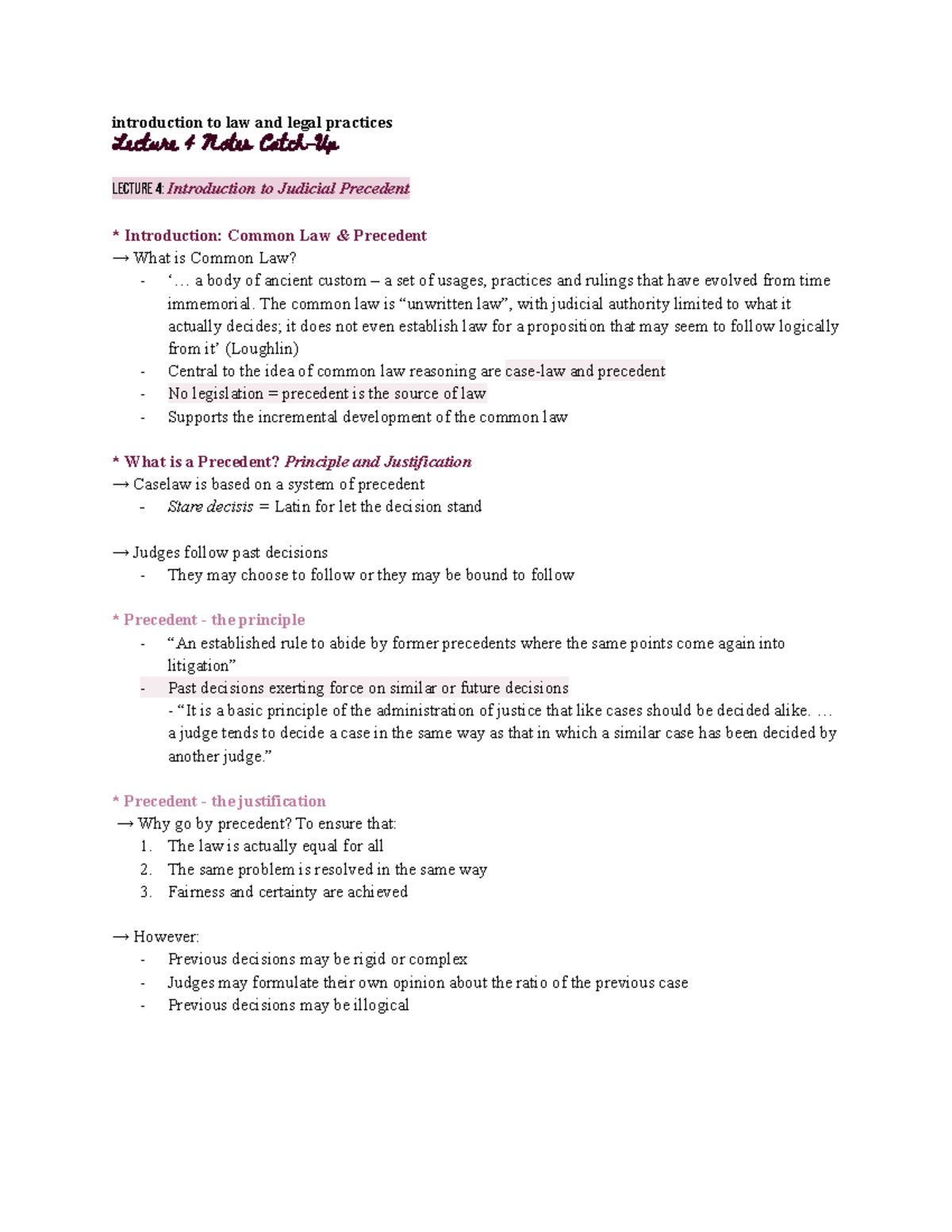 Introduction to Law and Legal Practices Lecture 4 - precedent ...