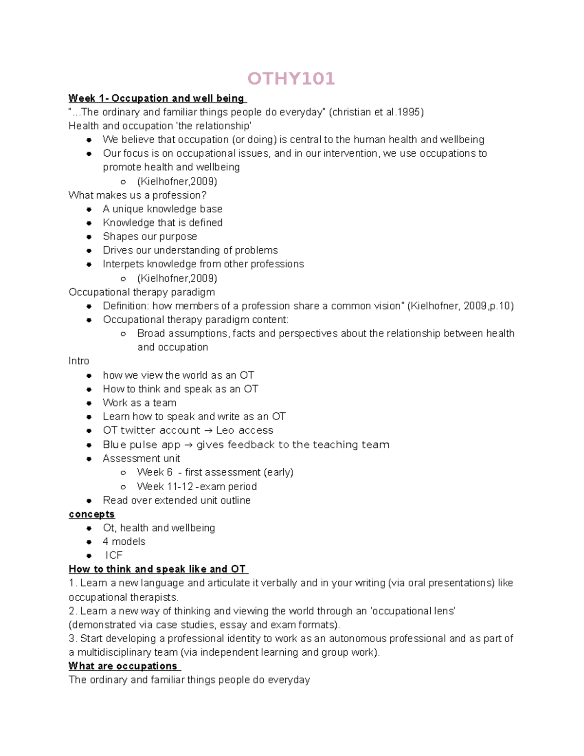 Othy 101 - ot and health - OTHY 101 Week 1- Occupation and well being ...