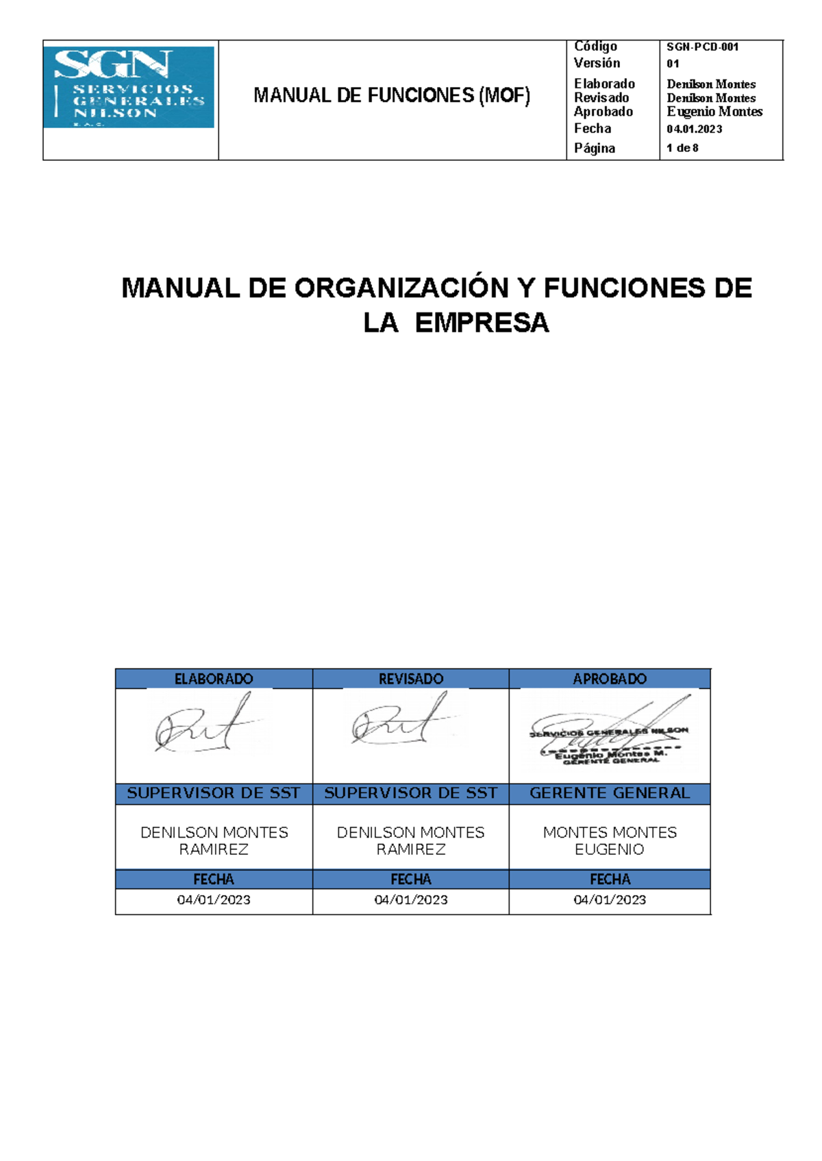 Manual DE Funciones - MANUAL DE ORGANIZACIÓN Y FUNCIONES DE LA EMPRESA ELABORADO REVISADO ...