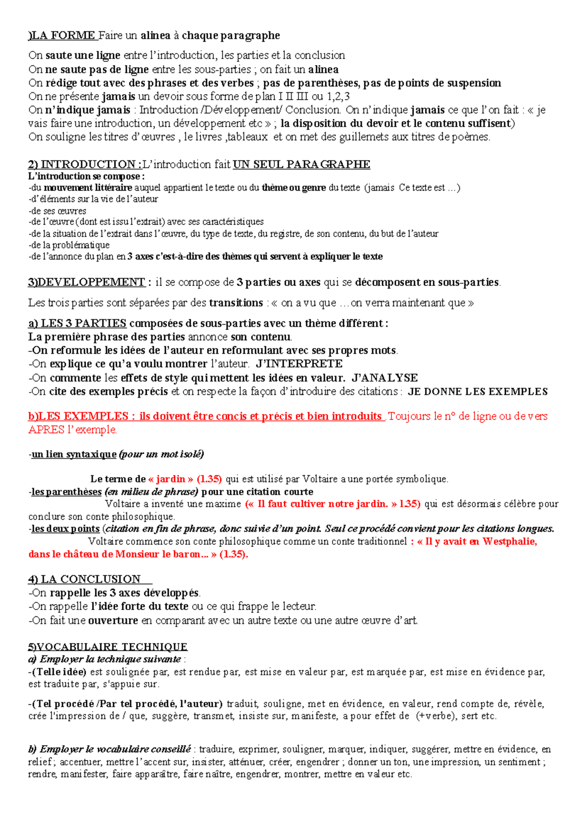 Le commentaire composé Fiche - )LA FORME Faire un alinea à chaque ...