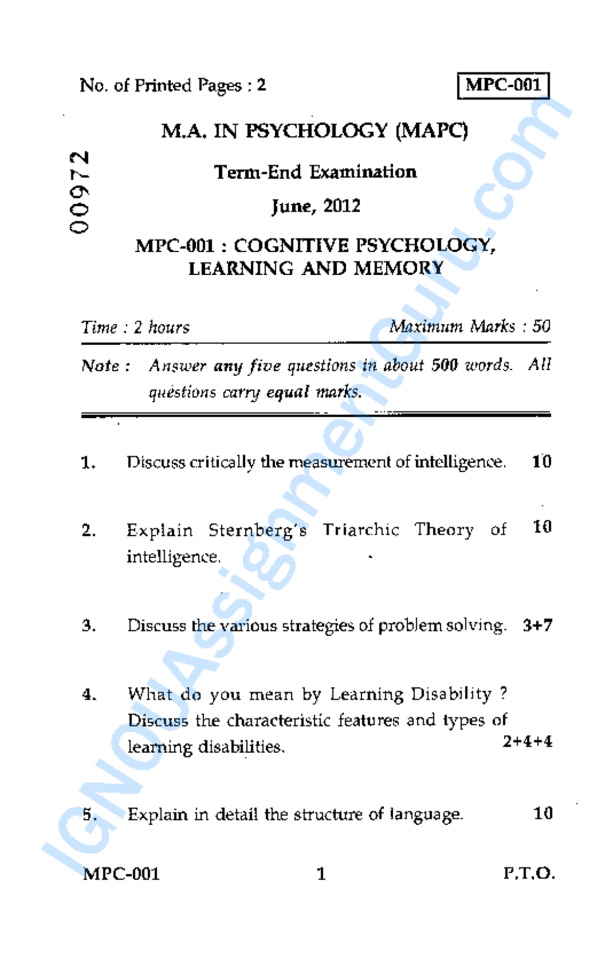 05. June 2012 MPC-001 Ignouassignment Guru - No. of Printed Pages : 2 MPC- M. IN PSYCHOLOGY ...