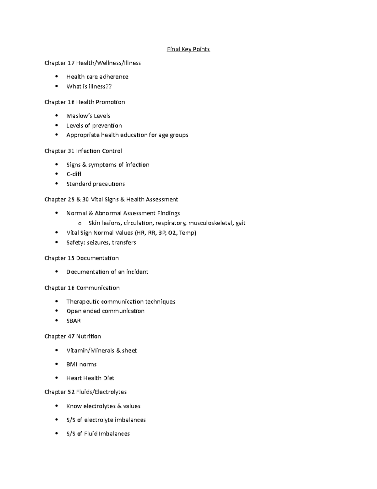 NUR 155 Final Key Points review - Final Key Points Chapter 17 Health ...