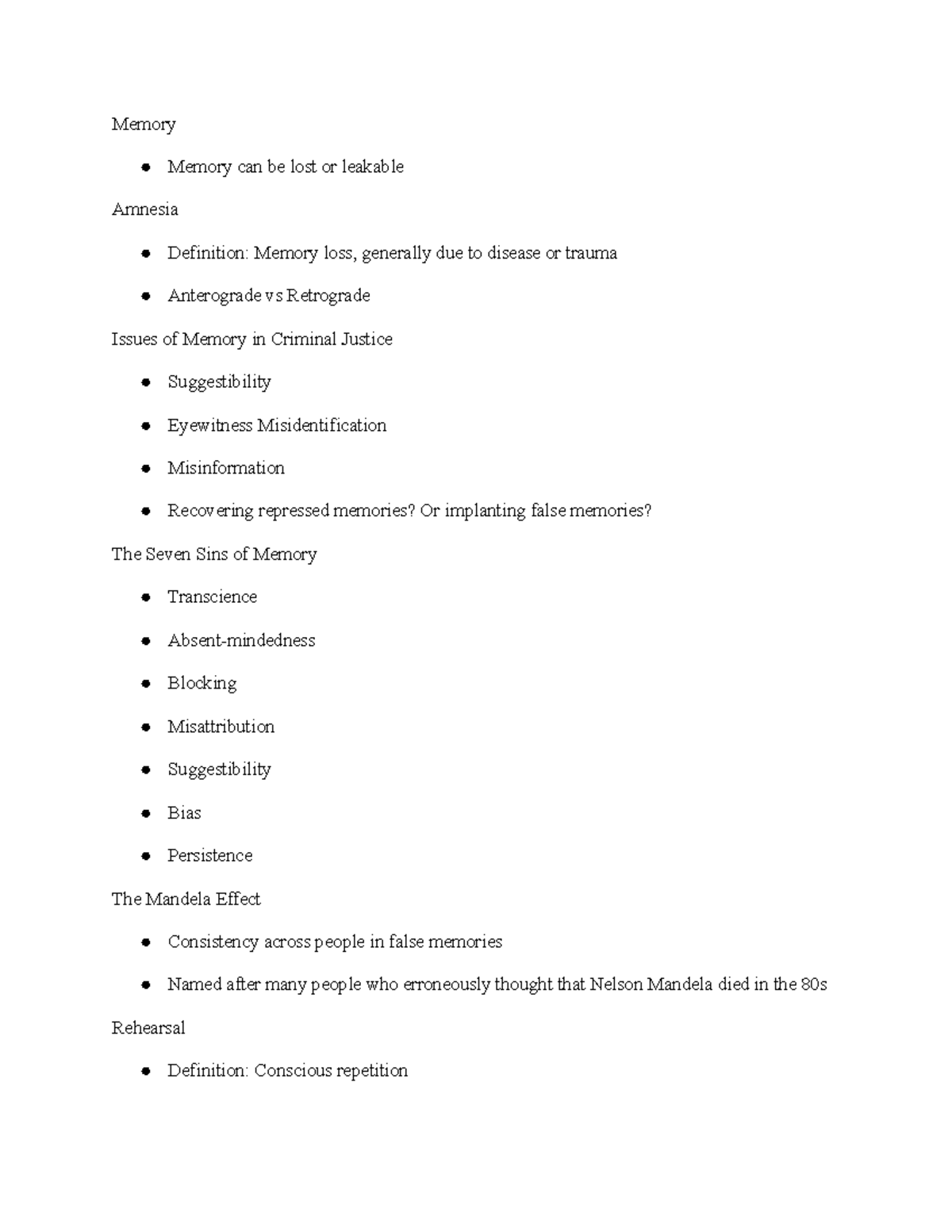 Psych Notes 3 31 - Memory Memory can be lost or leakable Amnesia ...