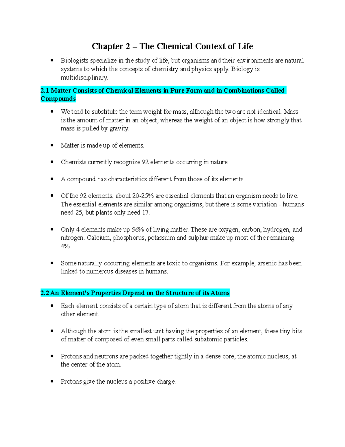 Chapter 2 Bio Notes - Chapter 2 – The Chemical Context of Life ...