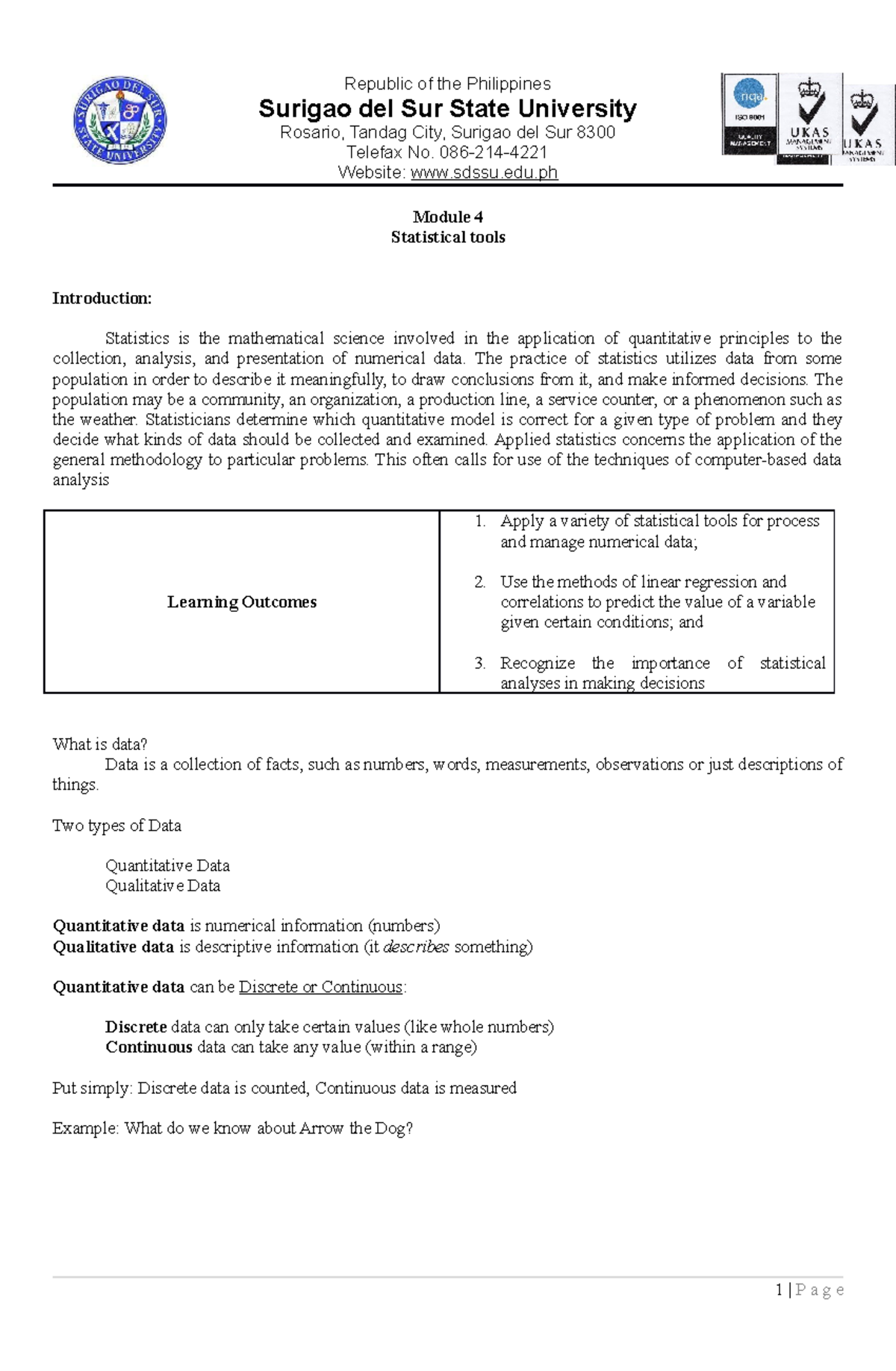 Module 4 Statistical Tools - Republic of the Philippines Surigao del Sur State University ...