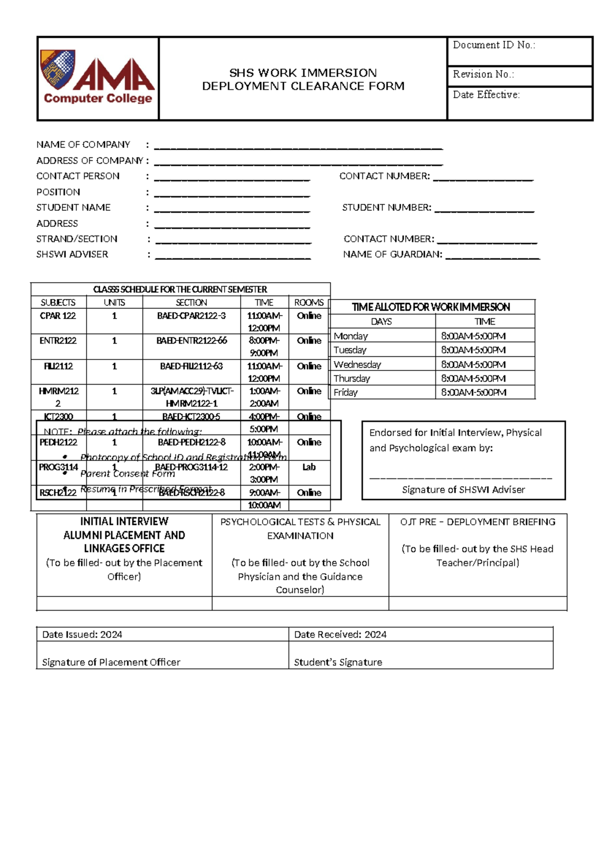 WI Deployment Clearance FORM - SHS WORK IMMERSION DEPLOYMENT CLEARANCE ...