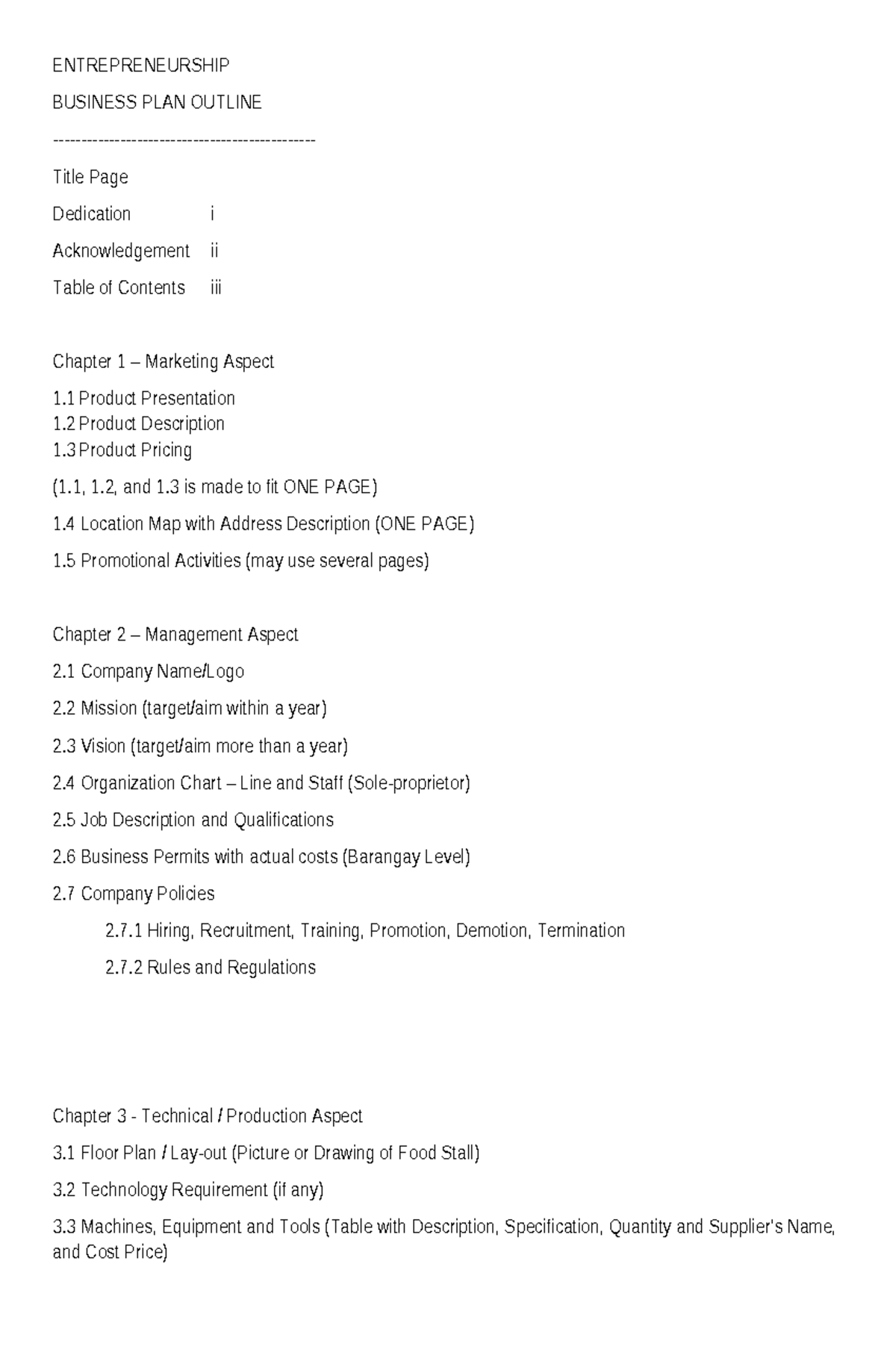 Entrep Business-PLAN- Outline - ENTREPRENEURSHIP BUSINESS PLAN OUTLINE ...