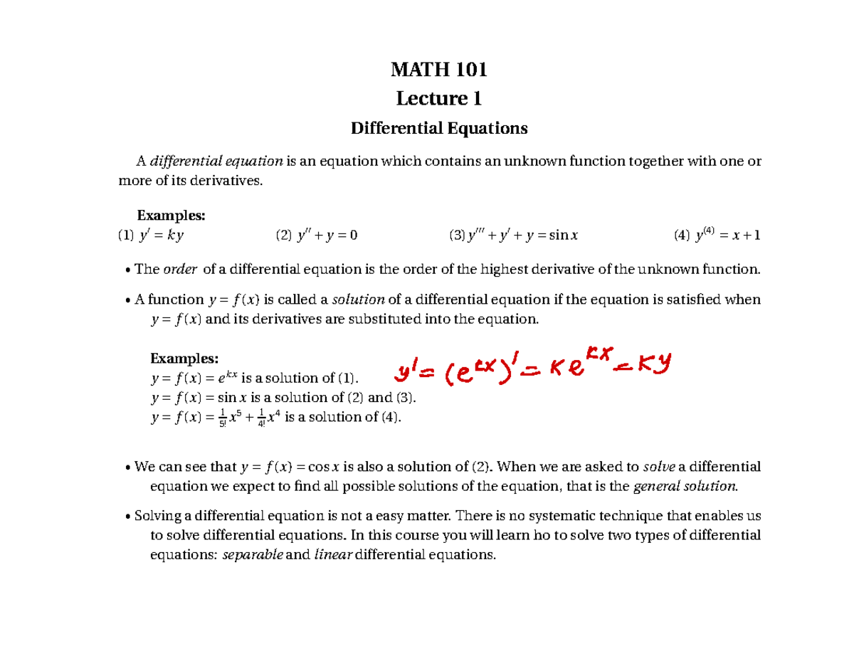 Lec 1 - Differential Equations - MATH 101 Lecture 1 Differential Equations A differential ...