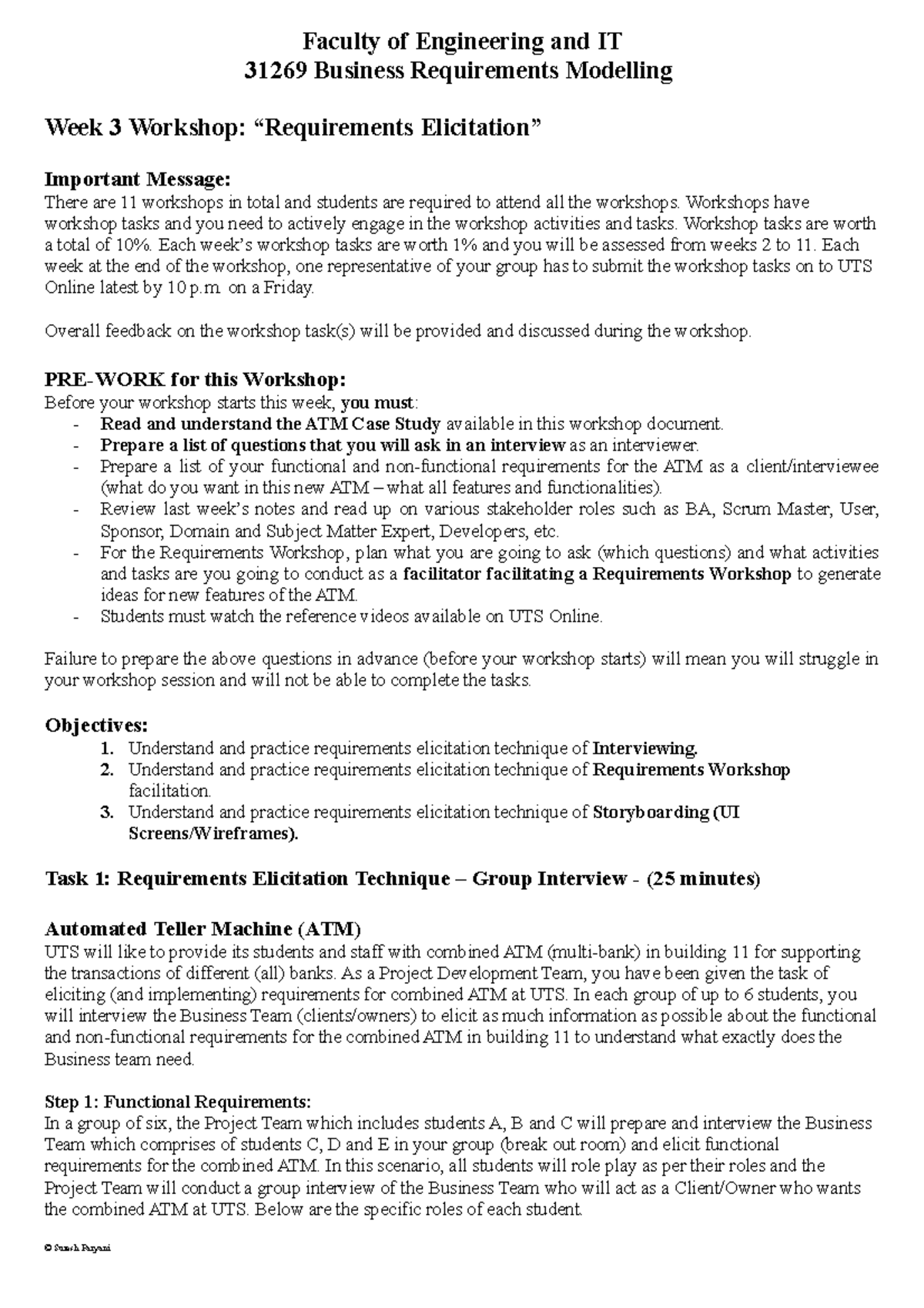 Week 3 Workshop - Requirements Elicitation - Faculty of Engineering and ...