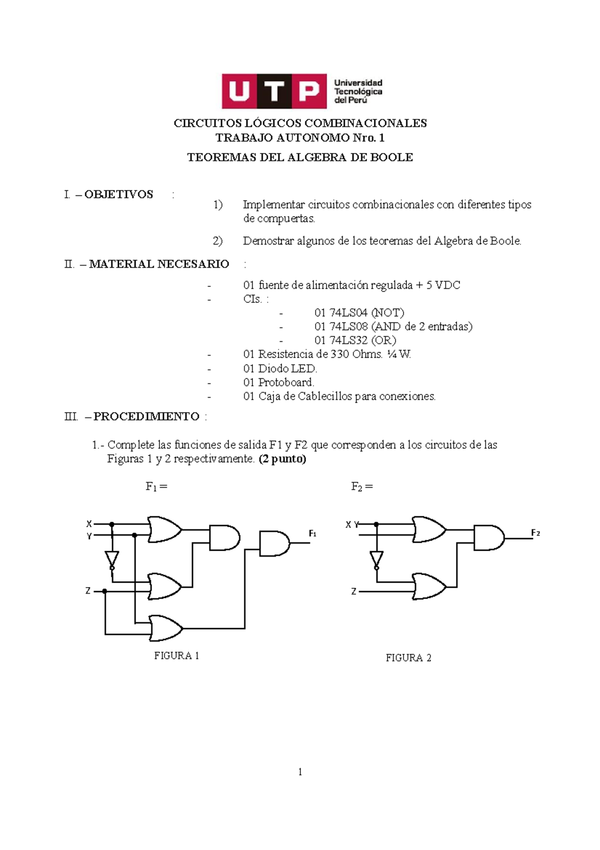 Trabajo Autonomo NRO 1 PARA Circuitos Logicos Combinacionales 44932 -convertido-1 - 1 X Y F 1 Z ...