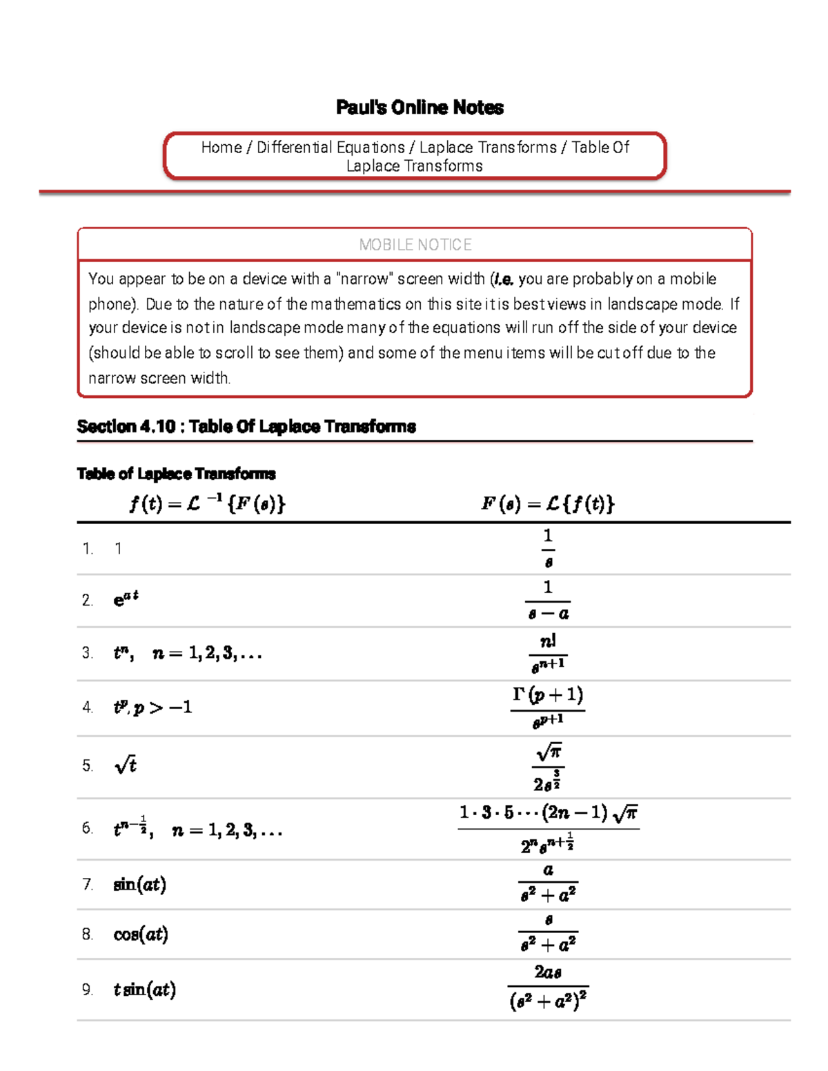 Differential Equations - Table Of Laplace Transforms - Paul's Online ...